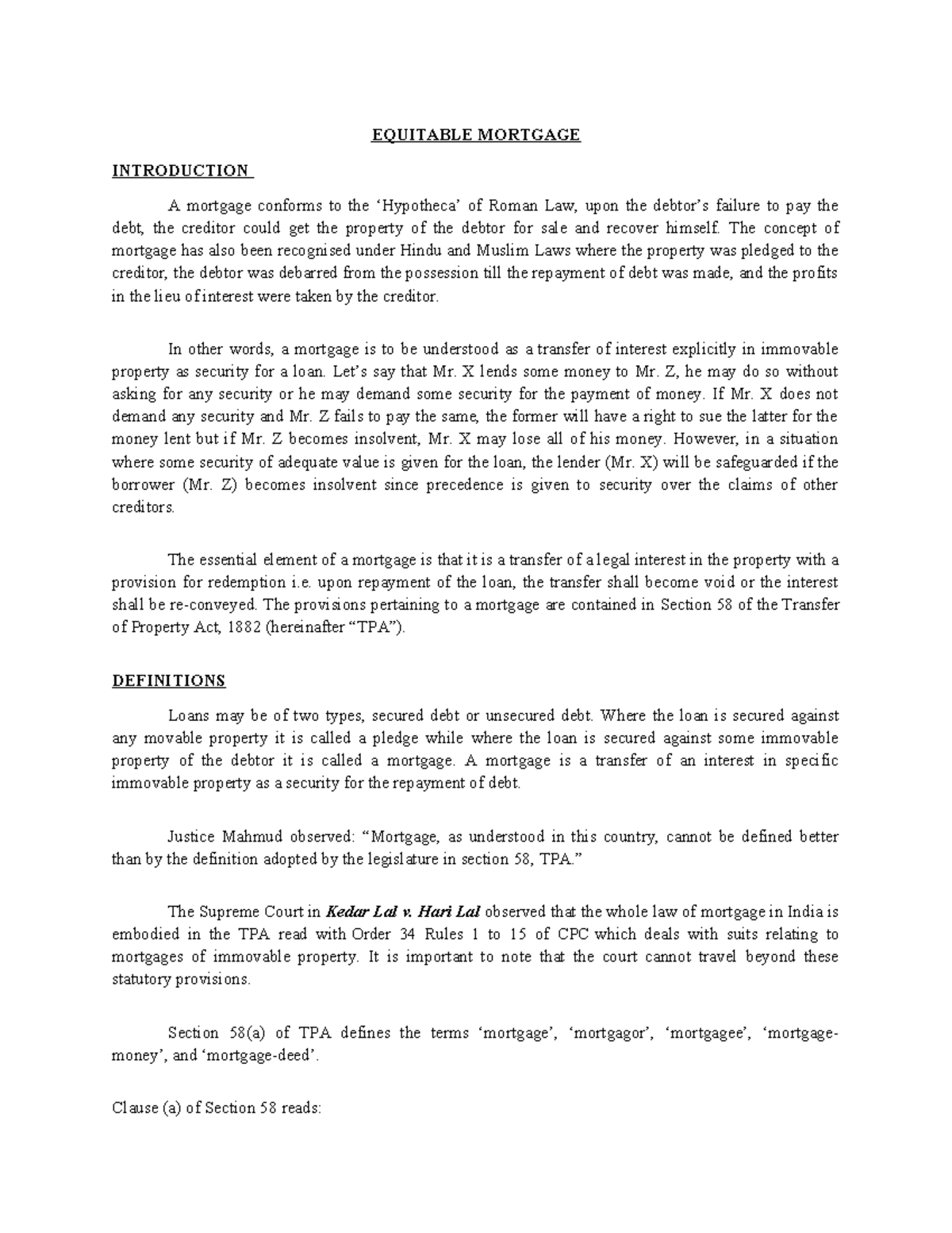 EQUITABLE MORTGAGE: An Overview of Legal Principles and Practices - Studocu