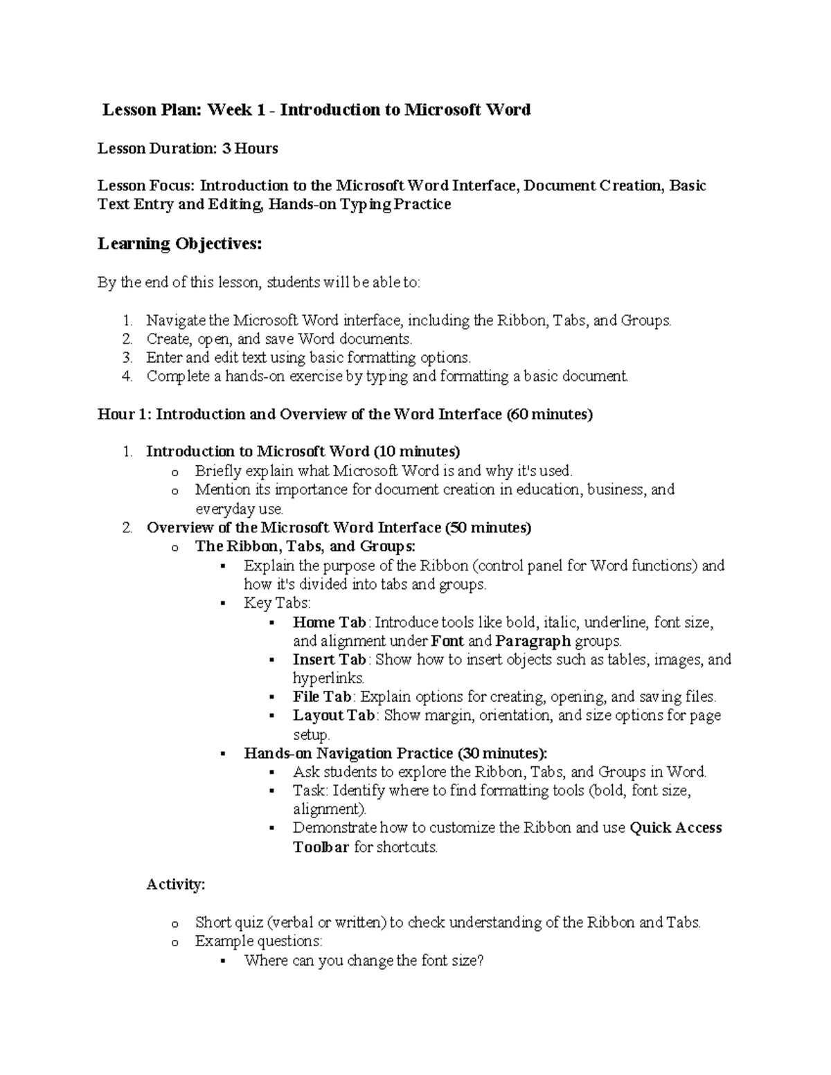 Lesson Plan MS word week 1 - Lesson Plan: Week 1 - Introduction to ...