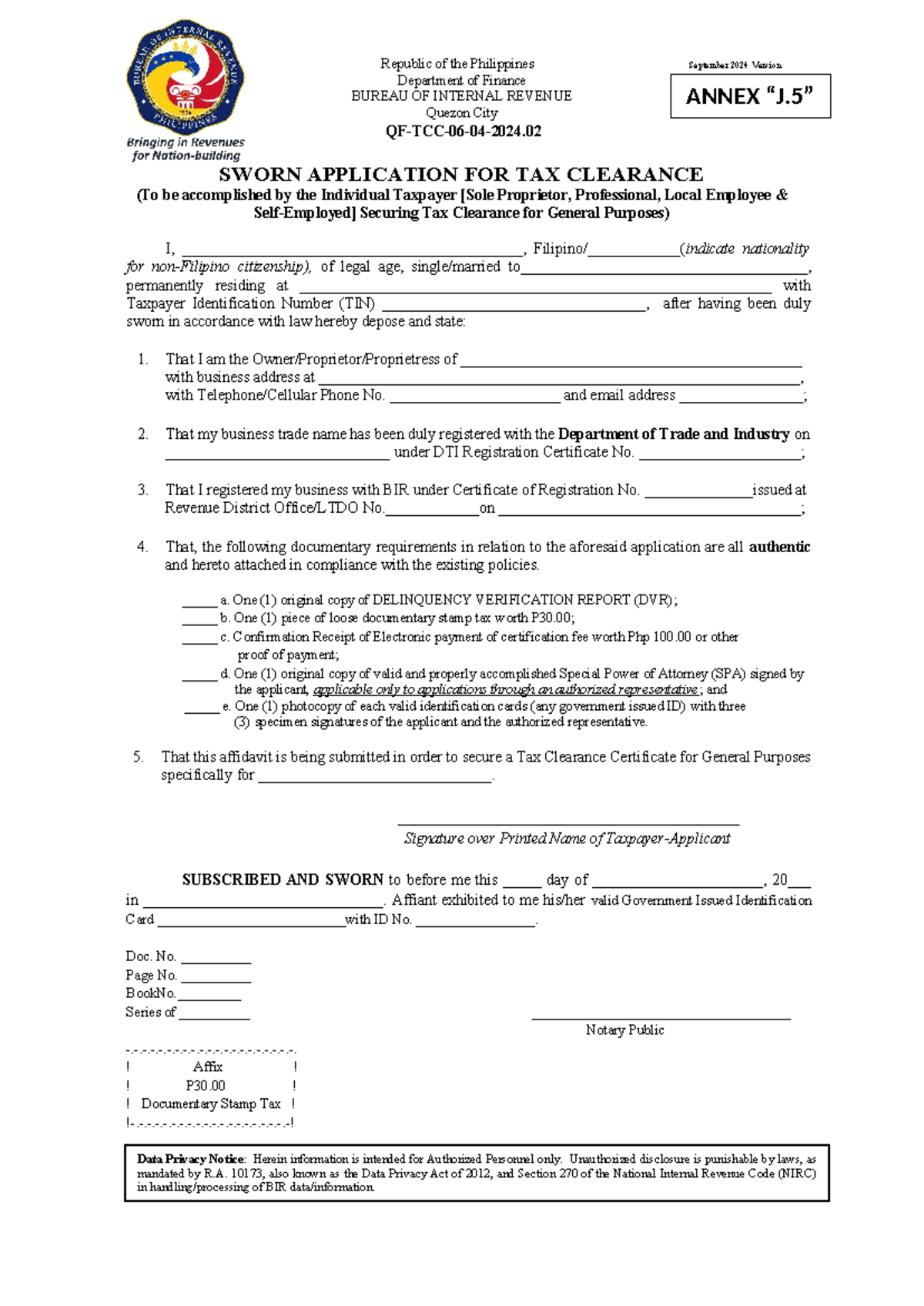Sworn Application for Tax Clearance (General Purposes) - Studocu