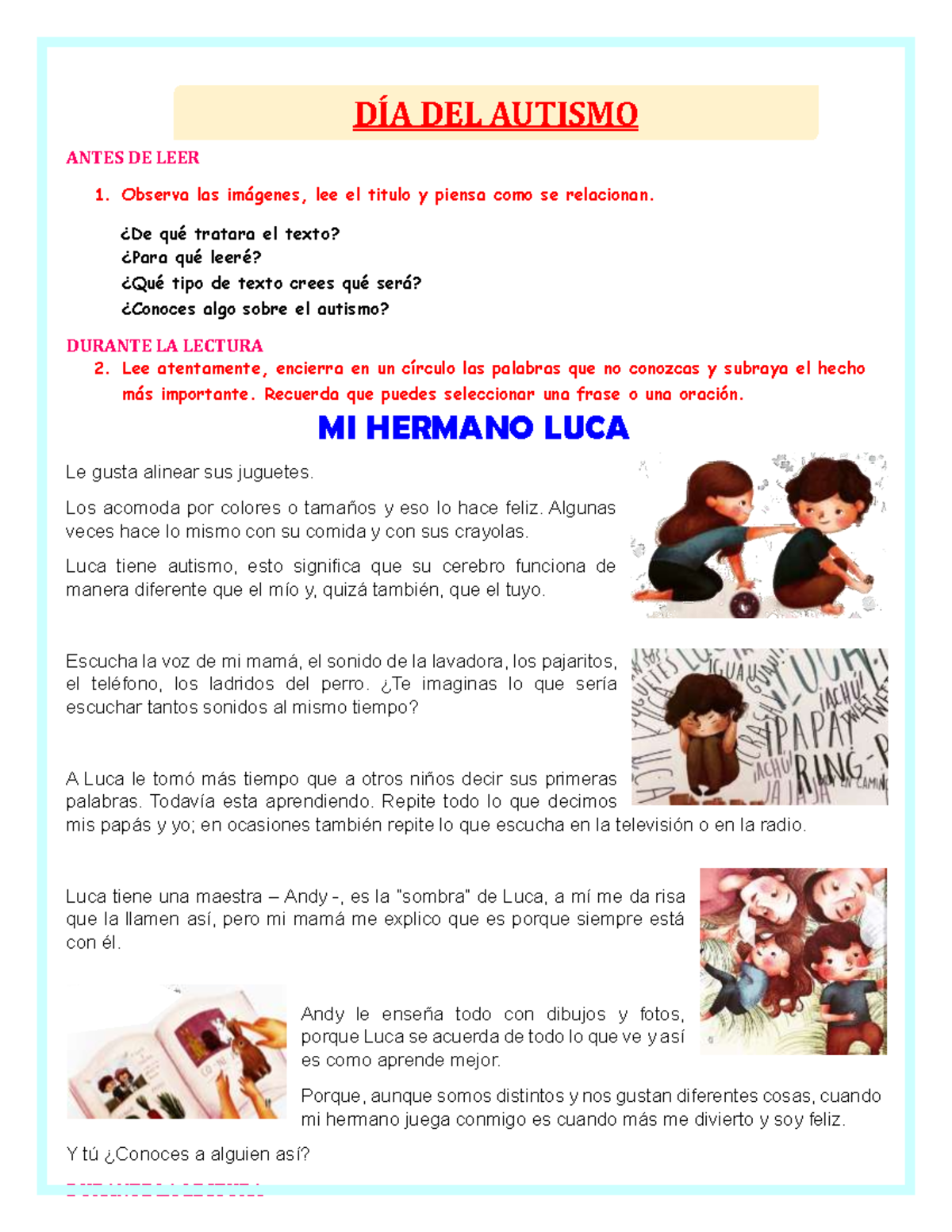 DIA DEL Autismo - Actividades de Lectura y Comprensión - Studocu