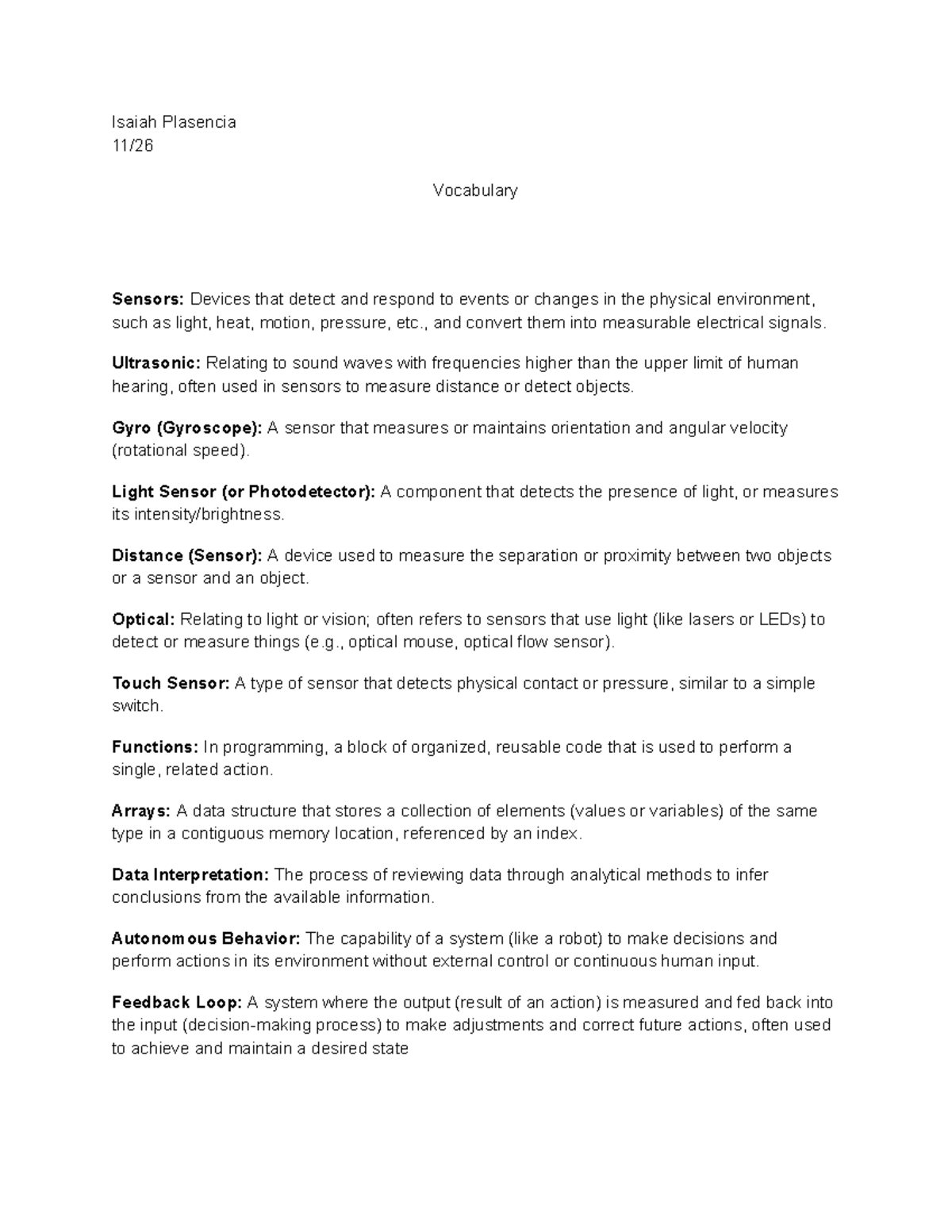 CSE 101: Homework 3 - Vocabulary Words on Sensors and Functions - Studocu