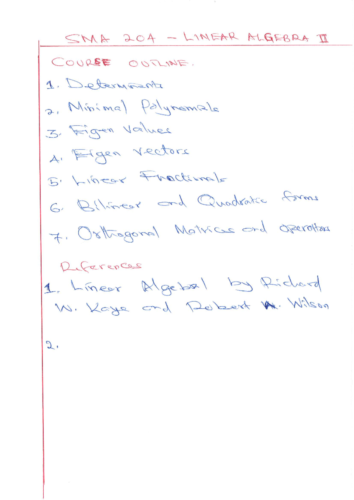 SMA 204 Linear Algebra II Lecture Notes on Key Concepts - Studocu