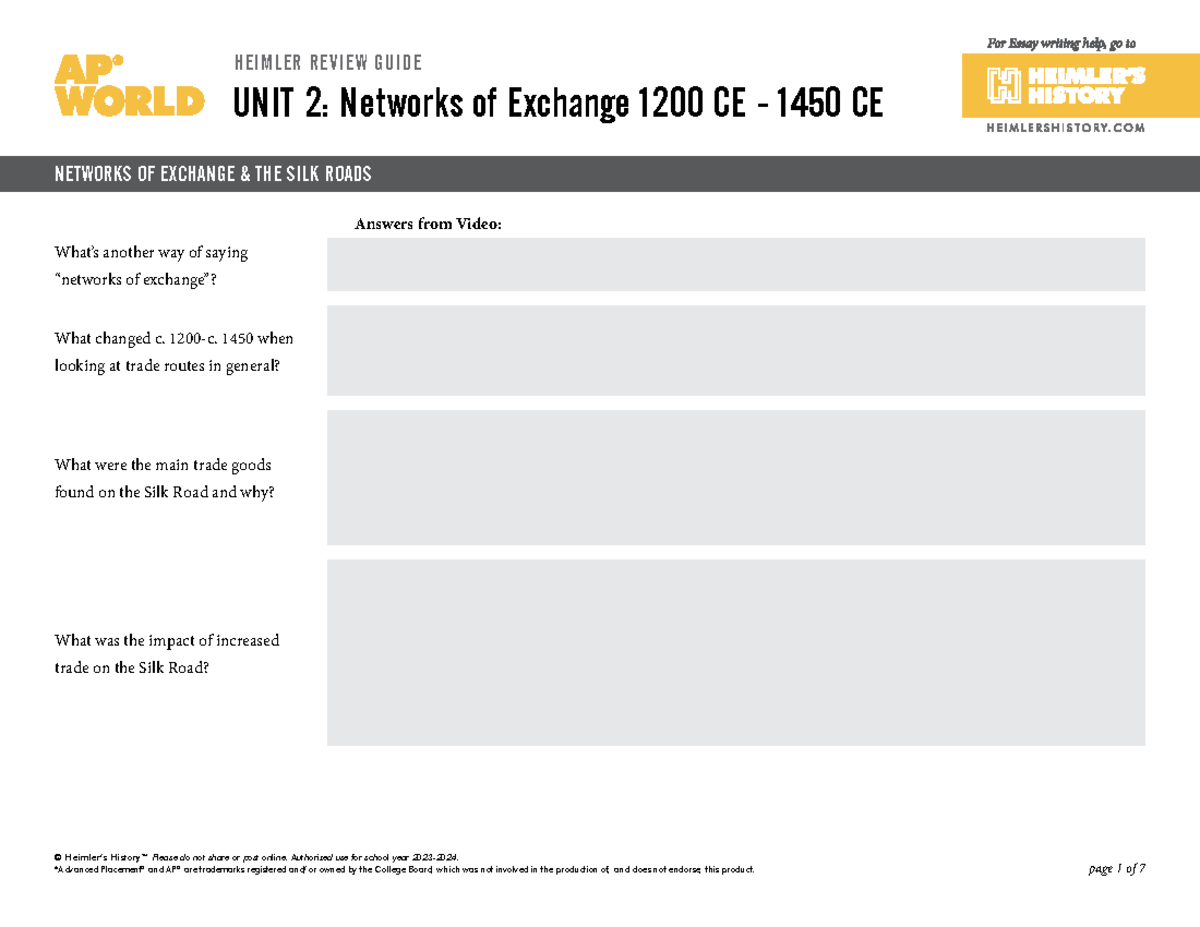 AP World HRG Unit 2: Networks of Exchange (1200-1450) Noteguide - Studocu