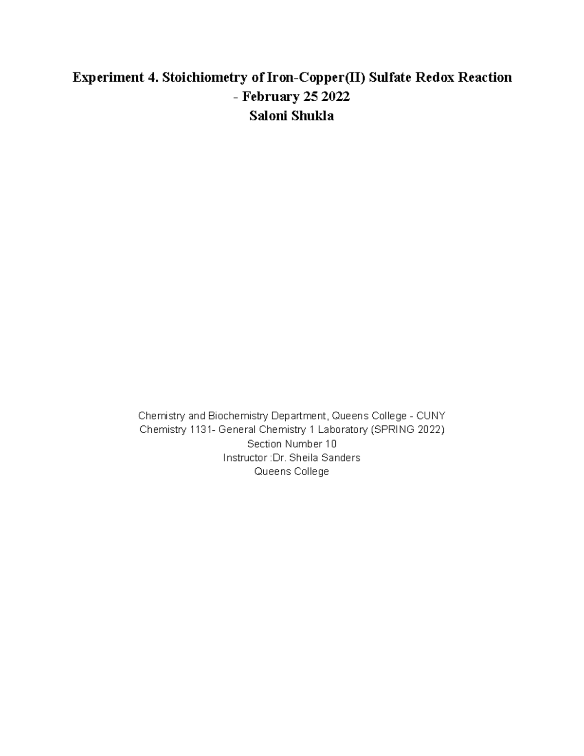 Lab Report #4 Iron-Copper (II) Sulfate - Experiment 4. Stoichiometry of ...