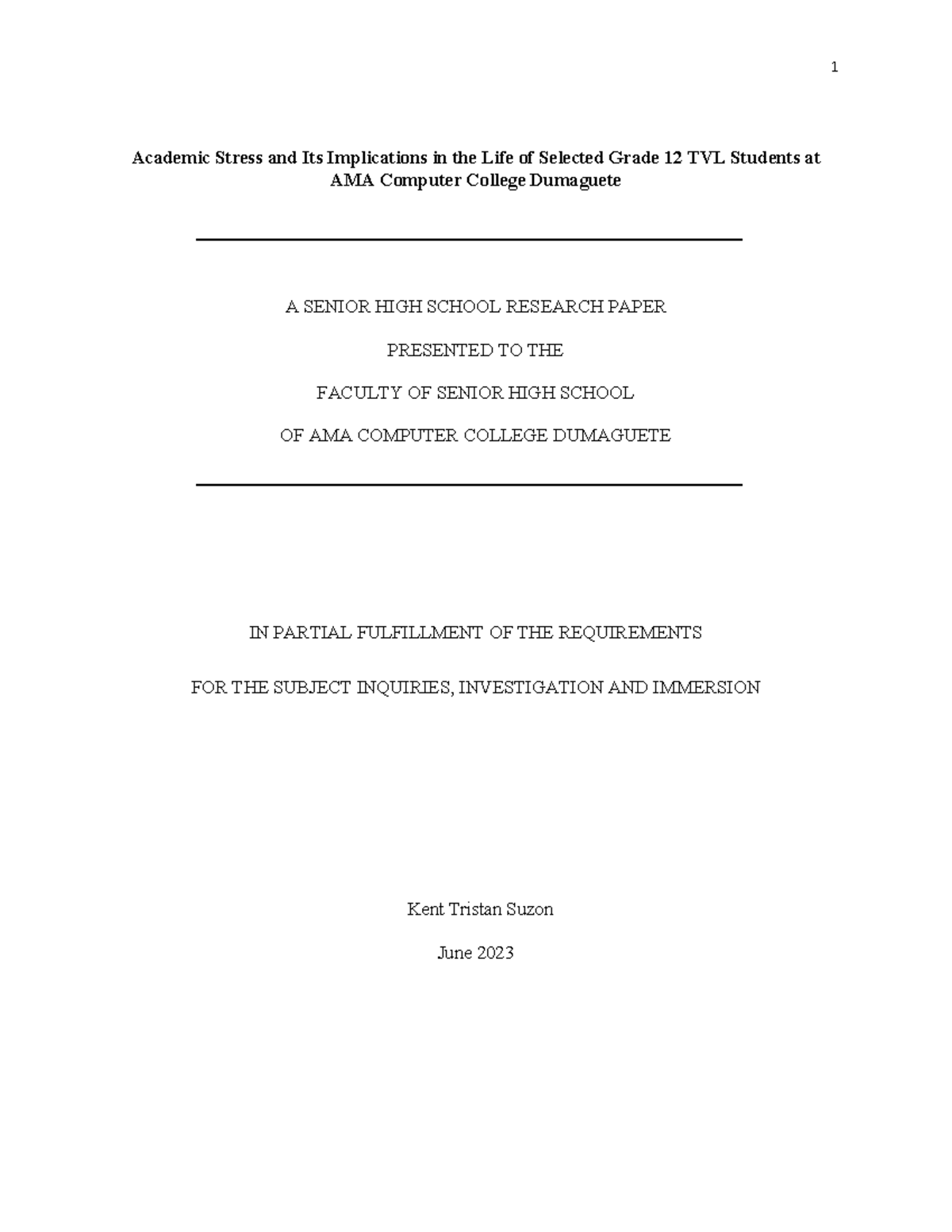 Academic Stress and Its Effects on Grade 12 TVL Students at AMA ...