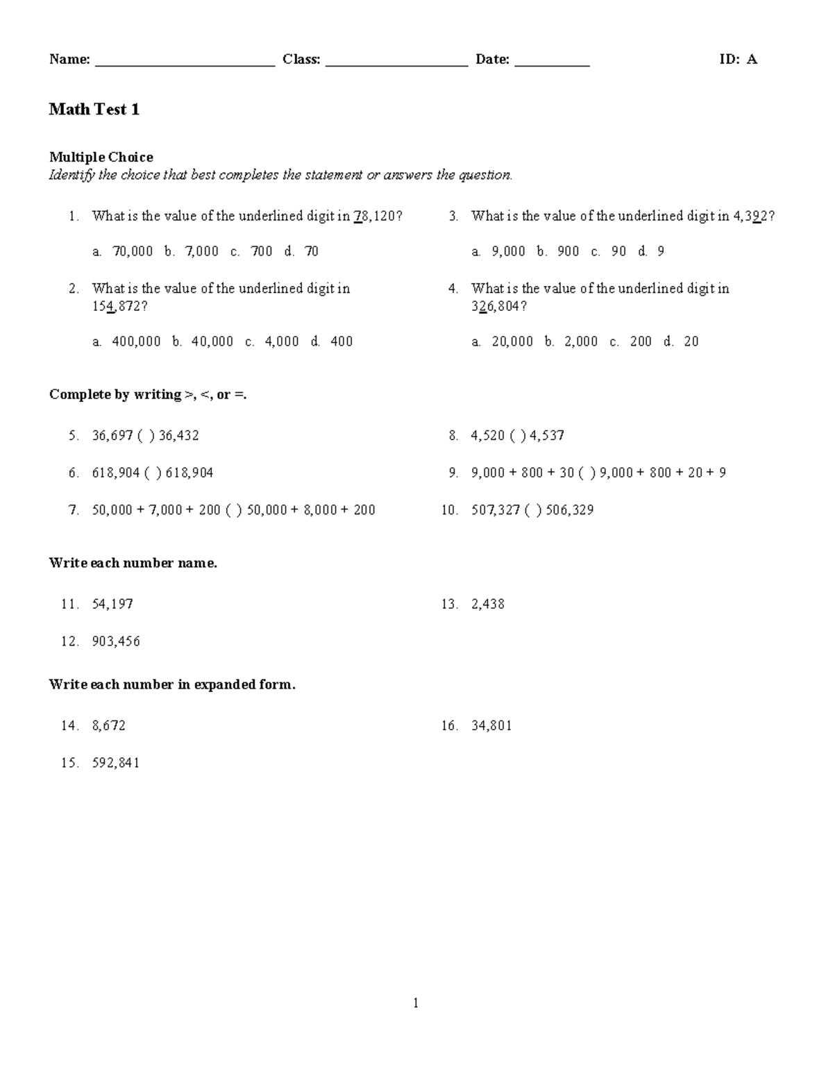 Math Test 1 - Multiple Choice Questions (MATH101) - Studocu