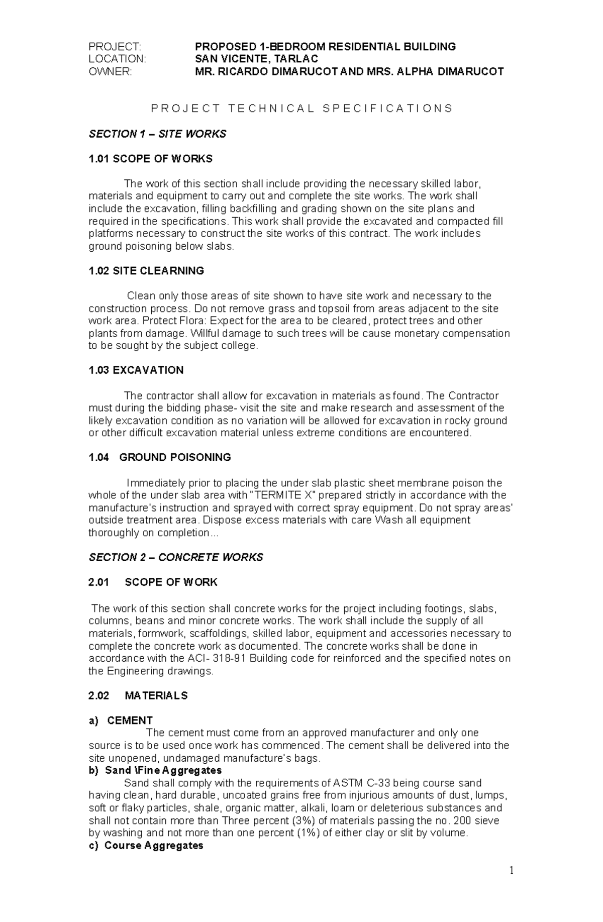 Specification - PROJECT: PROPOSED 1-BEDROOM RESIDENTIAL BUILDING ...