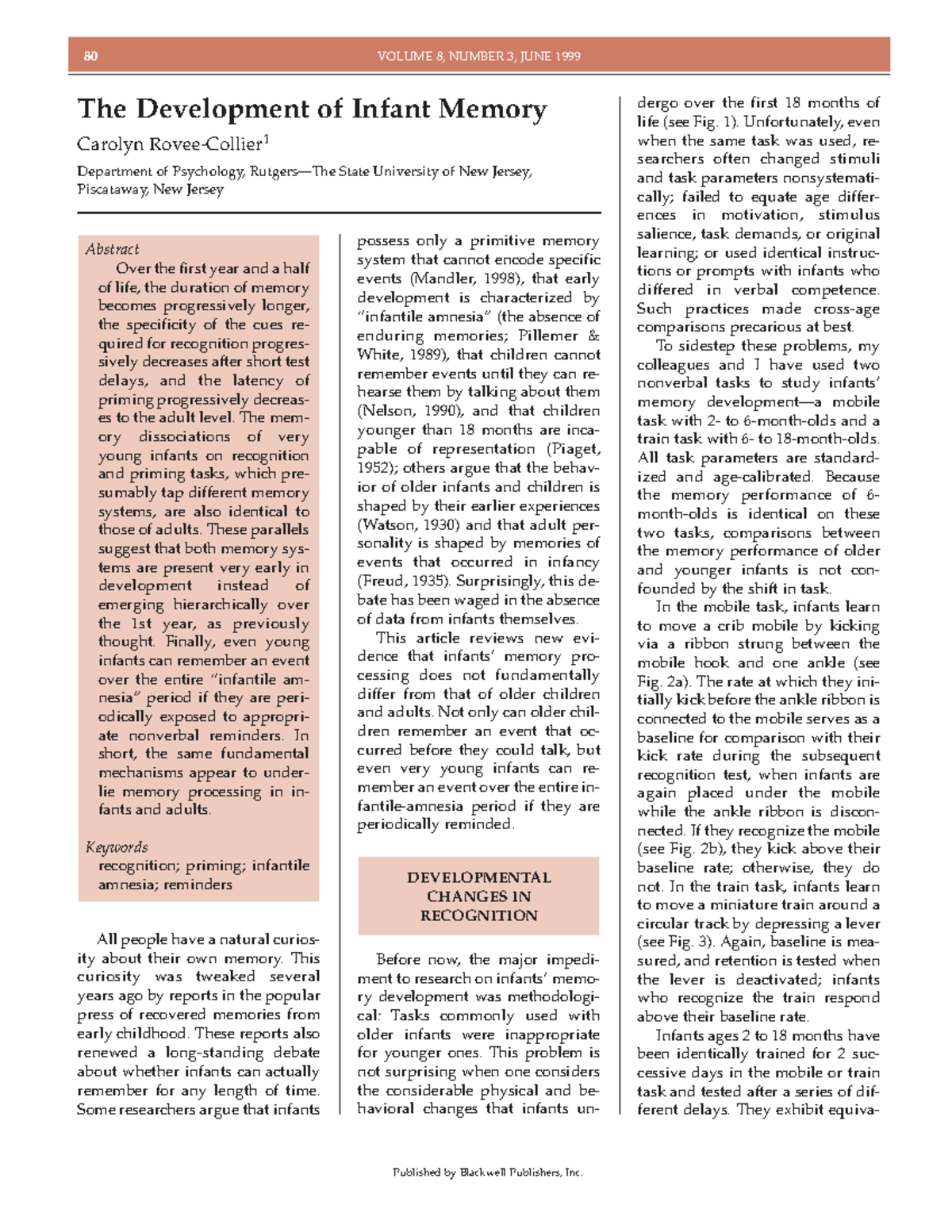 Rovee-Collier 1999 - Review on Infant Memory Development - Studocu