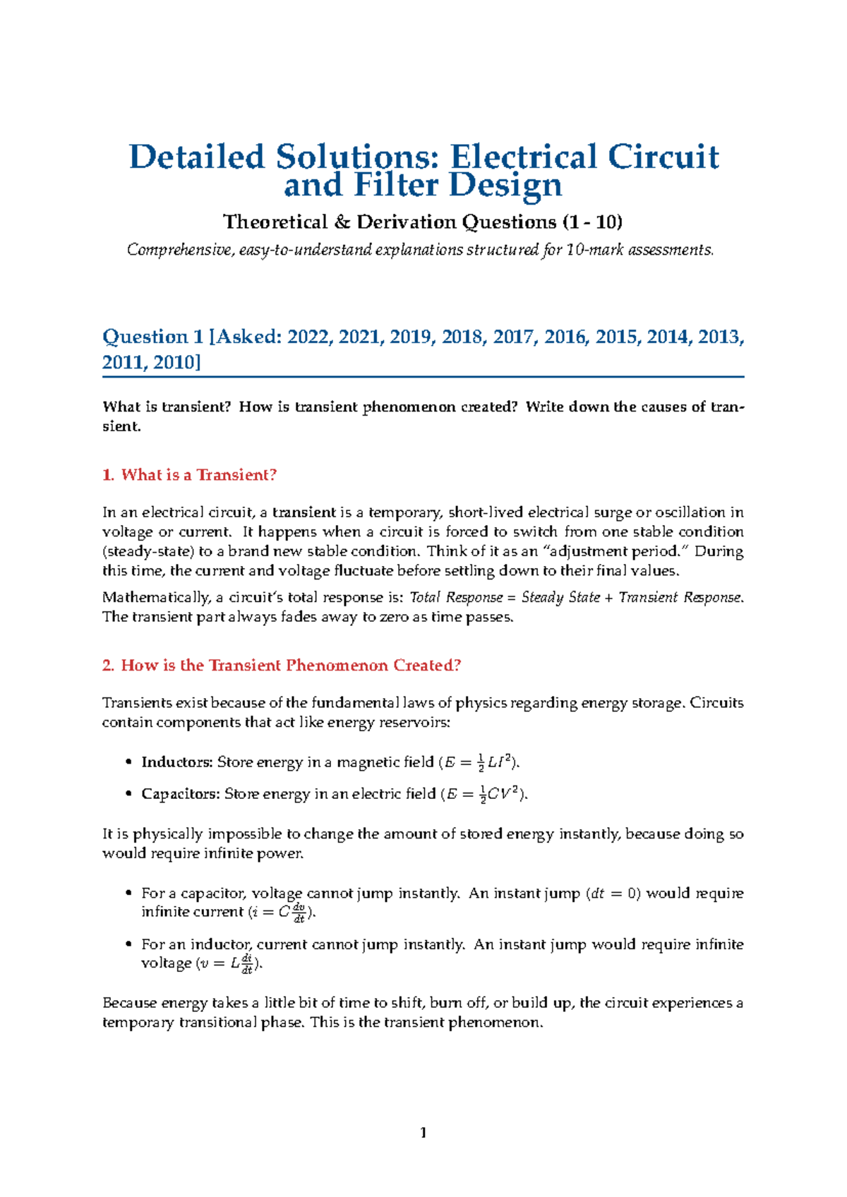 Theory Solutions: Electrical Circuit & Filter Design (EE 101) - Studocu