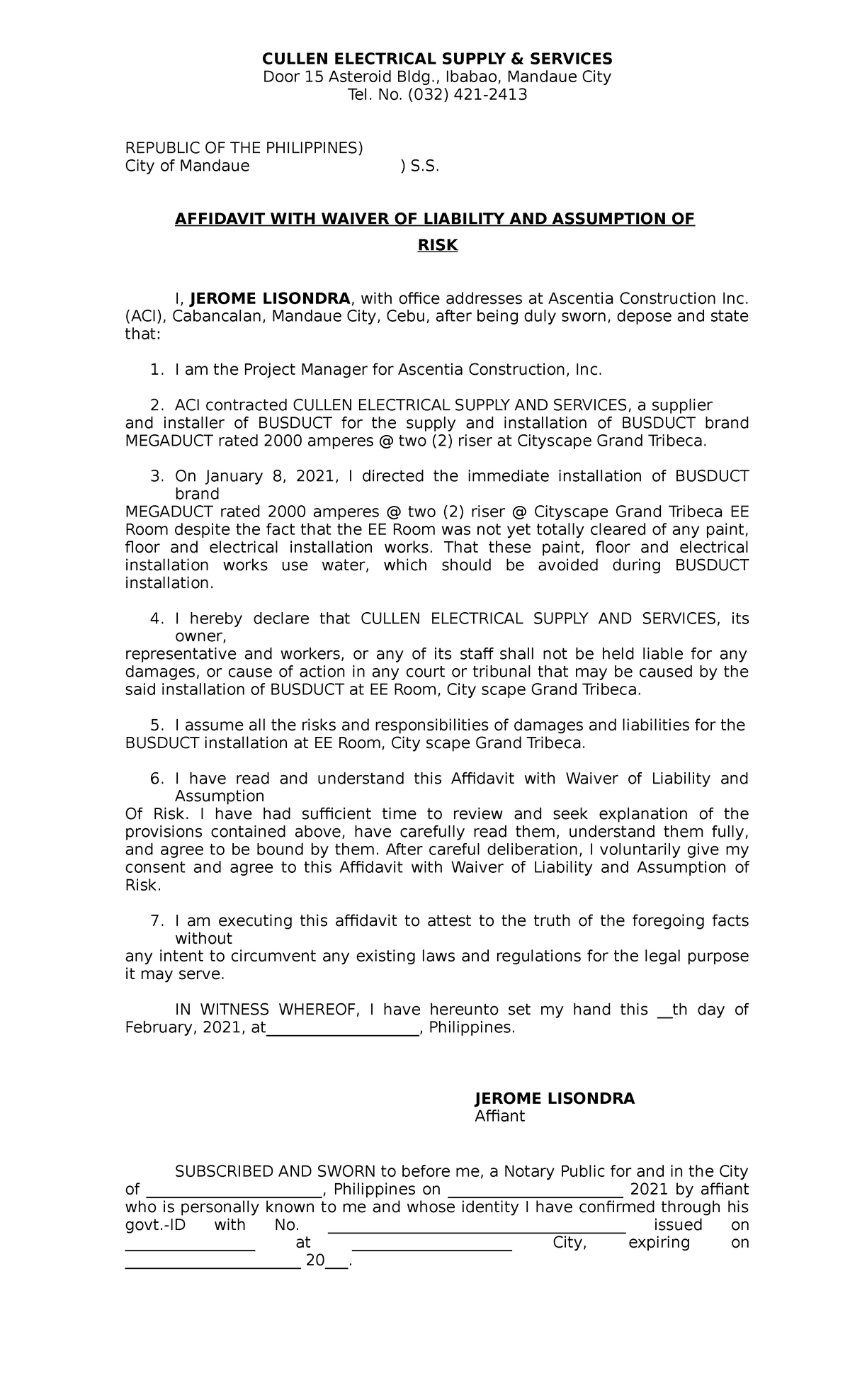 Affidavit with Liability Waiver & Risk Assumption by Jerome Lisondra ...