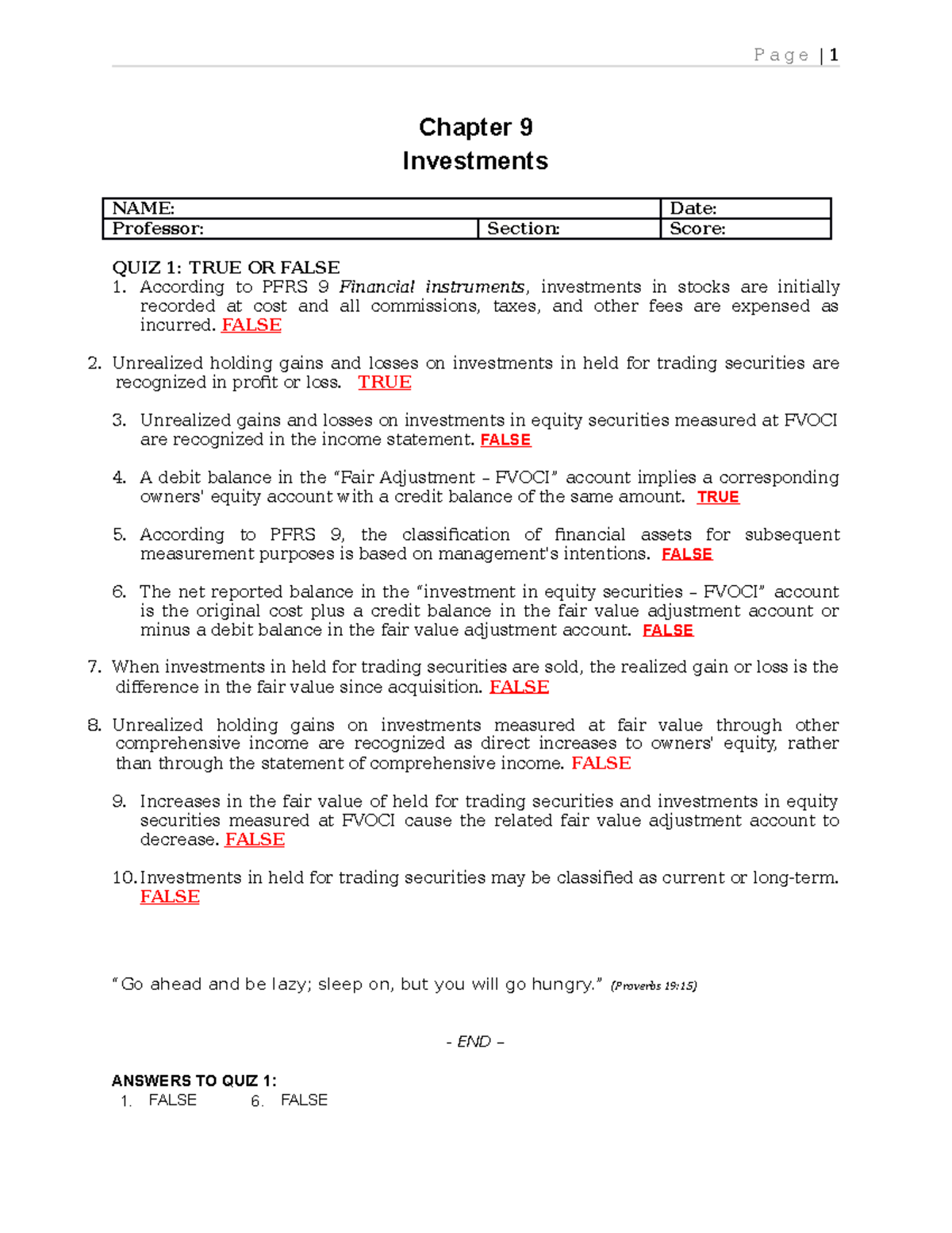 QUIZ Chapter-9 Investments - Chapter 9 Investments NAME: Date ...