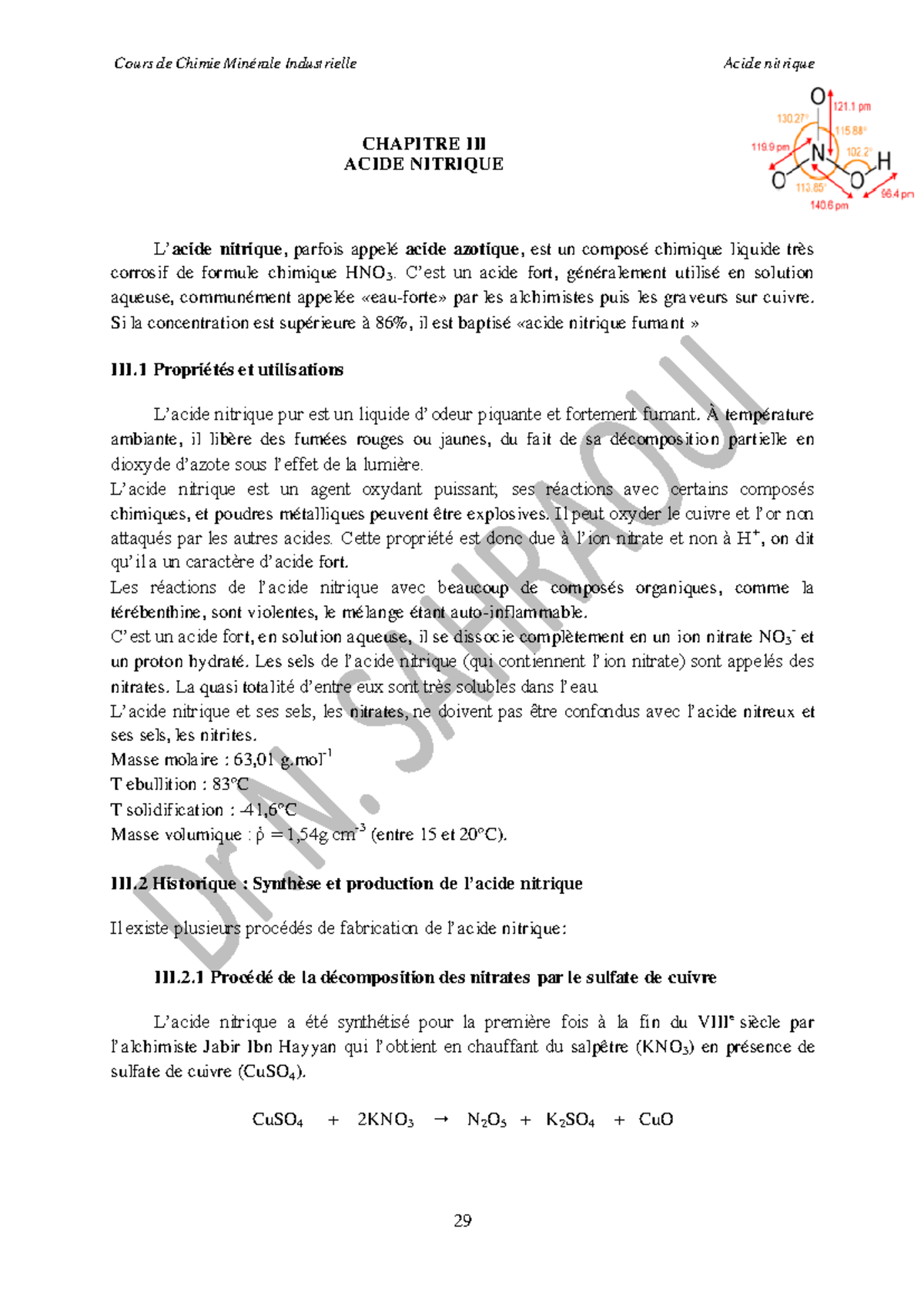 Chapitre III : Propriétés et Synthèse de l'Acide Nitrique HNO3 - Studocu