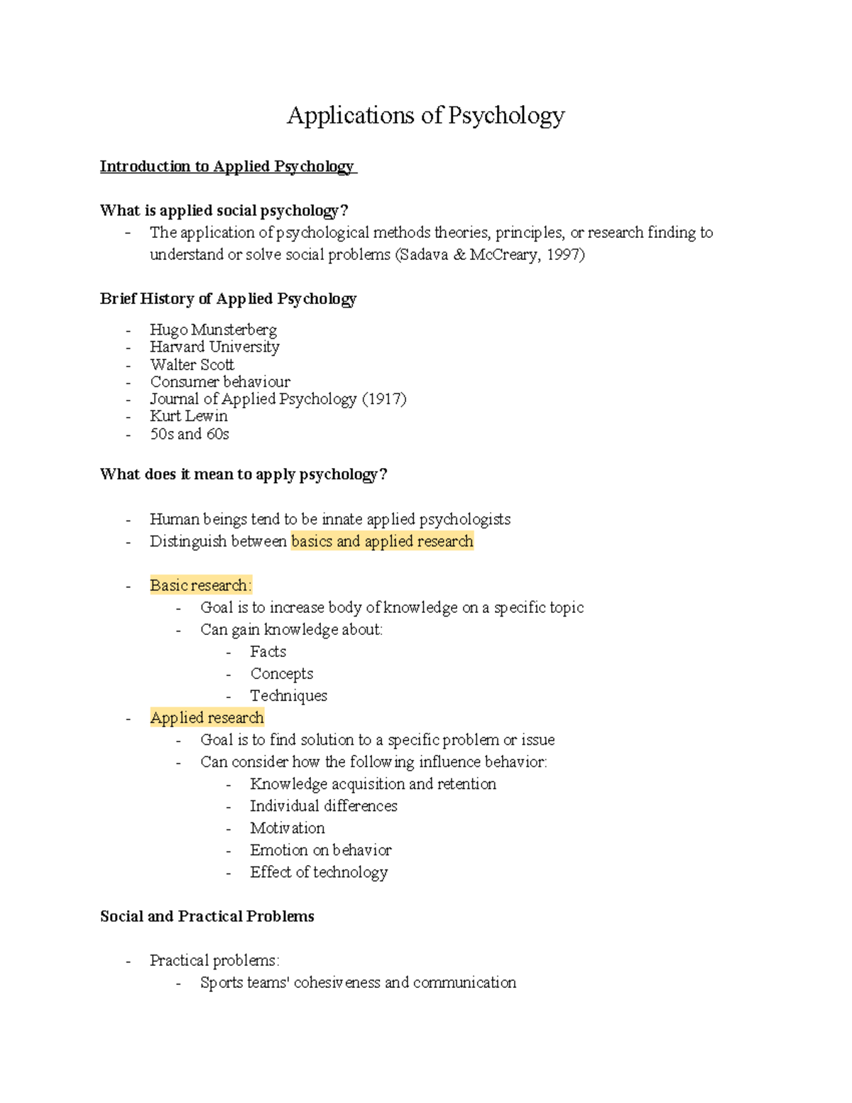 Applications of Psychology: Lecture 1 Overview and Key Concepts - Studocu