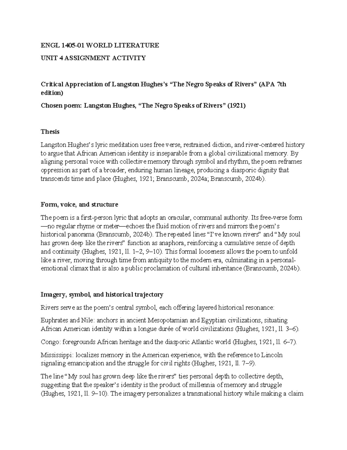 ENGL 1405 - 01 UNIT 4 Assignment: Critical Appreciation of Hughes' Poem ...