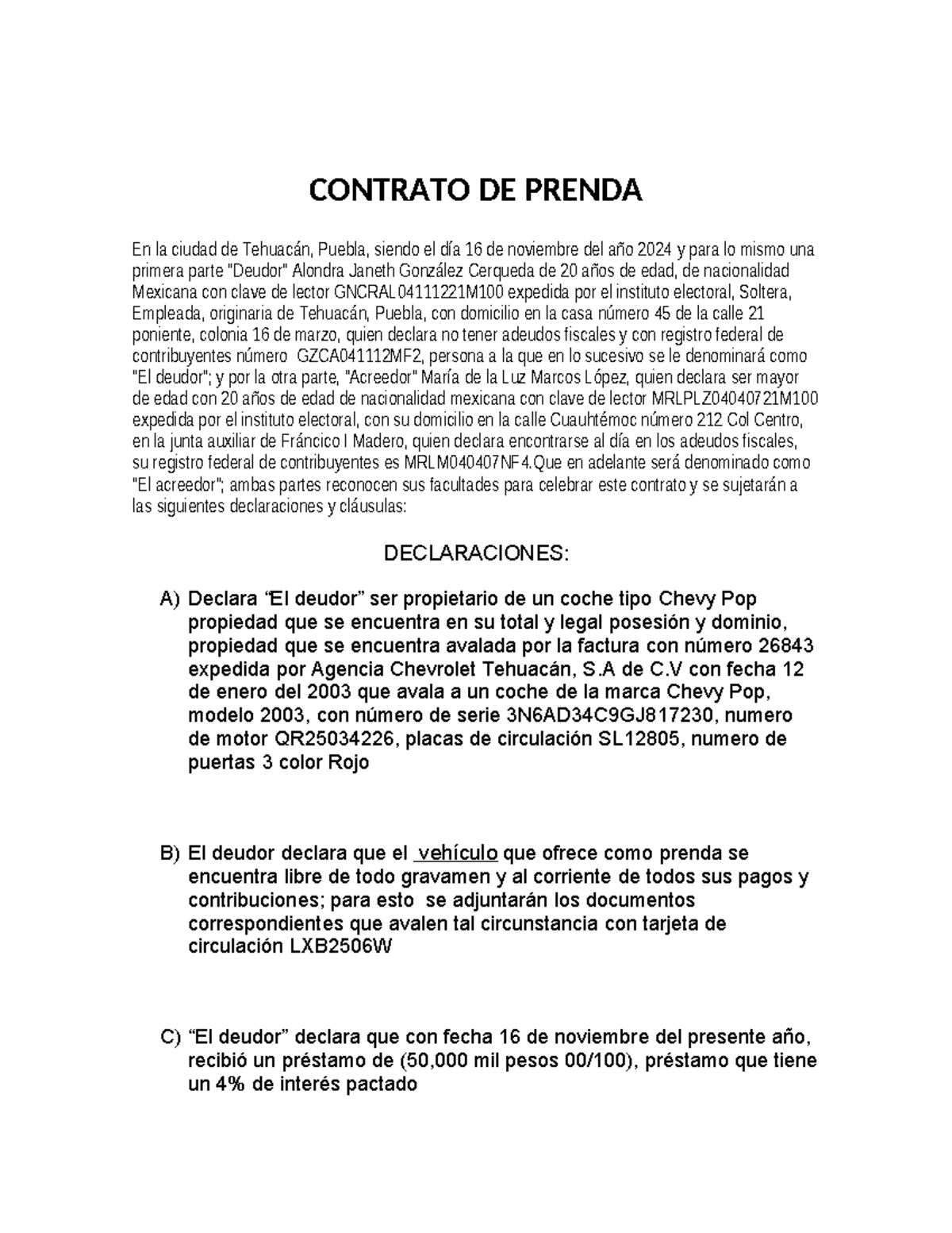Contrato DE Prenda - gia de estudios - CONTRATO DE PRENDA En la ciudad ...