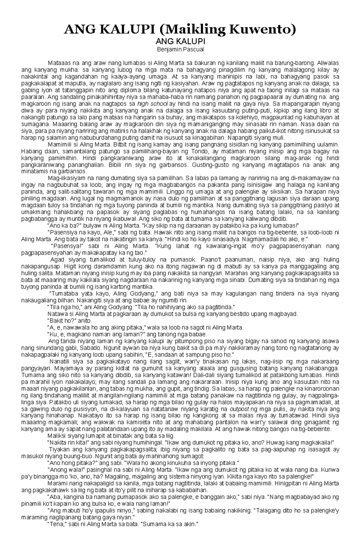 ANG KALUPI: Isang Maikling Kuwento ni Benjamin Pascual - Studocu