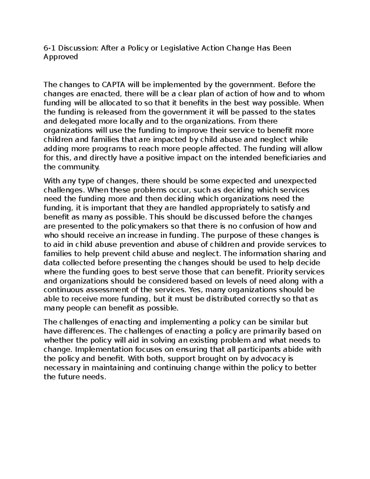 6-1 Discussion on Implementing Changes to CAPTA Policy and Funding ...