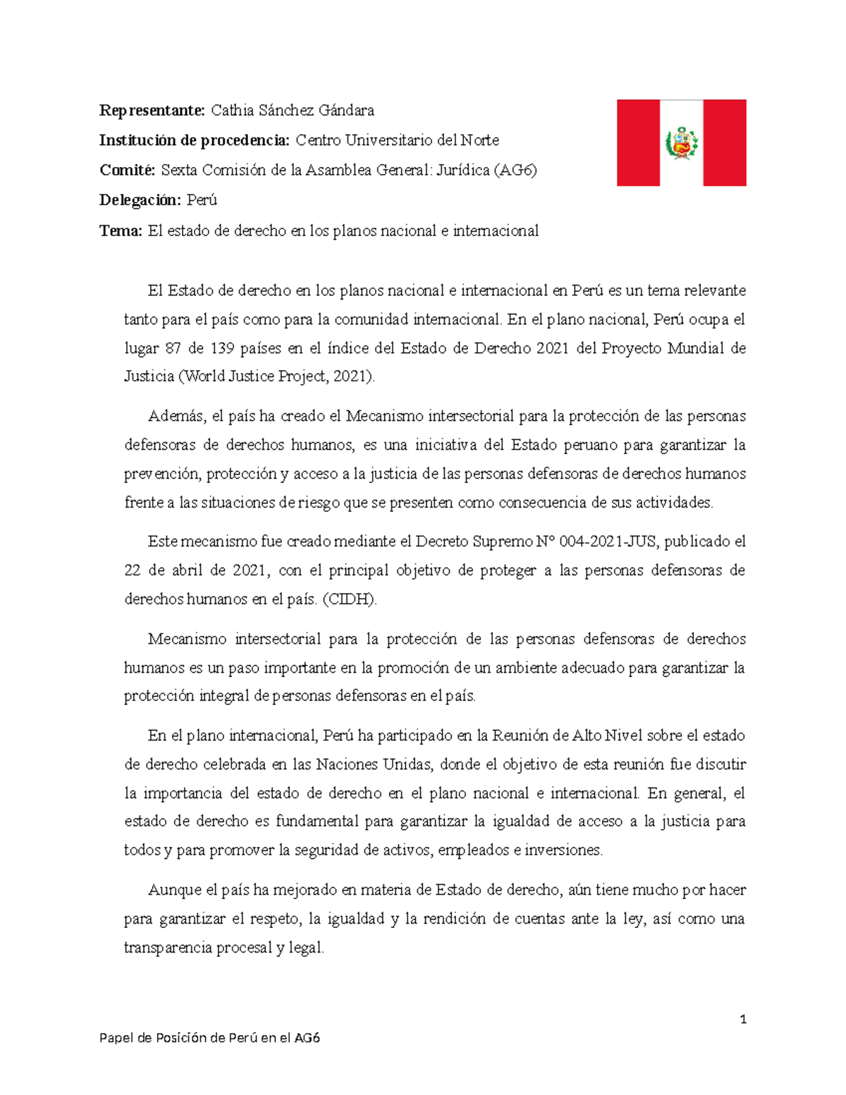 Papel de Posición de Perú en el AG6 - Representante: Cathia Sánchez ...