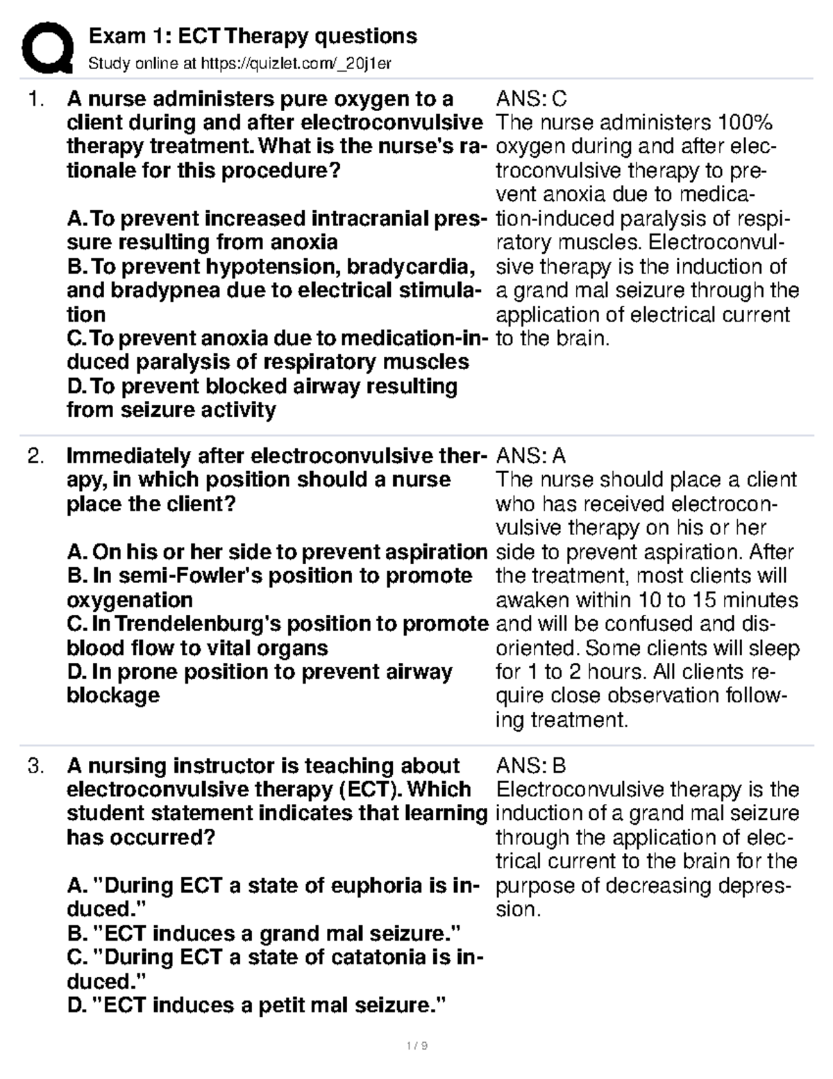 Exam 1: ECT Therapy Study Questions and Answers - Studocu
