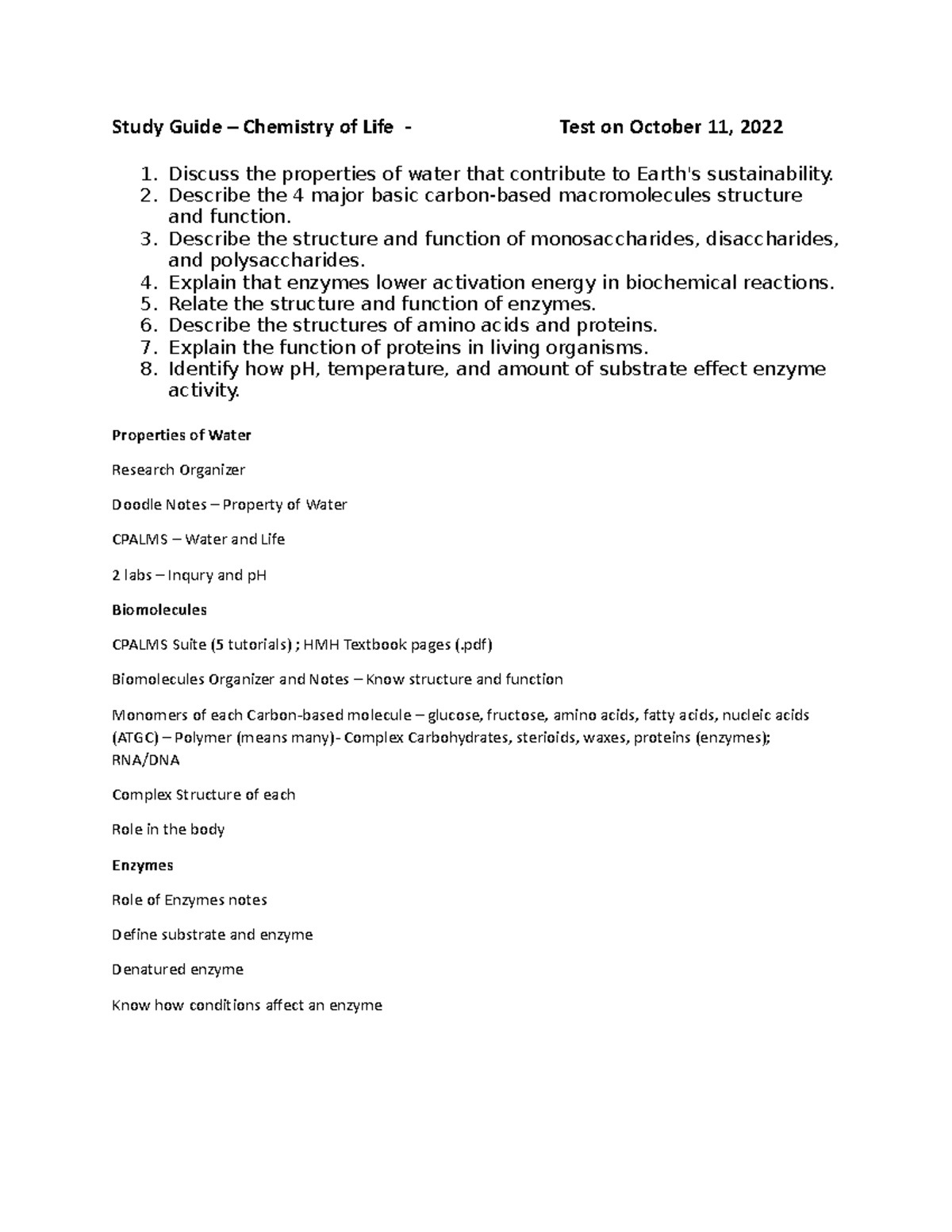 BIO Study Guide Biochemistry - Study Guide – Chemistry of Life - Test ...