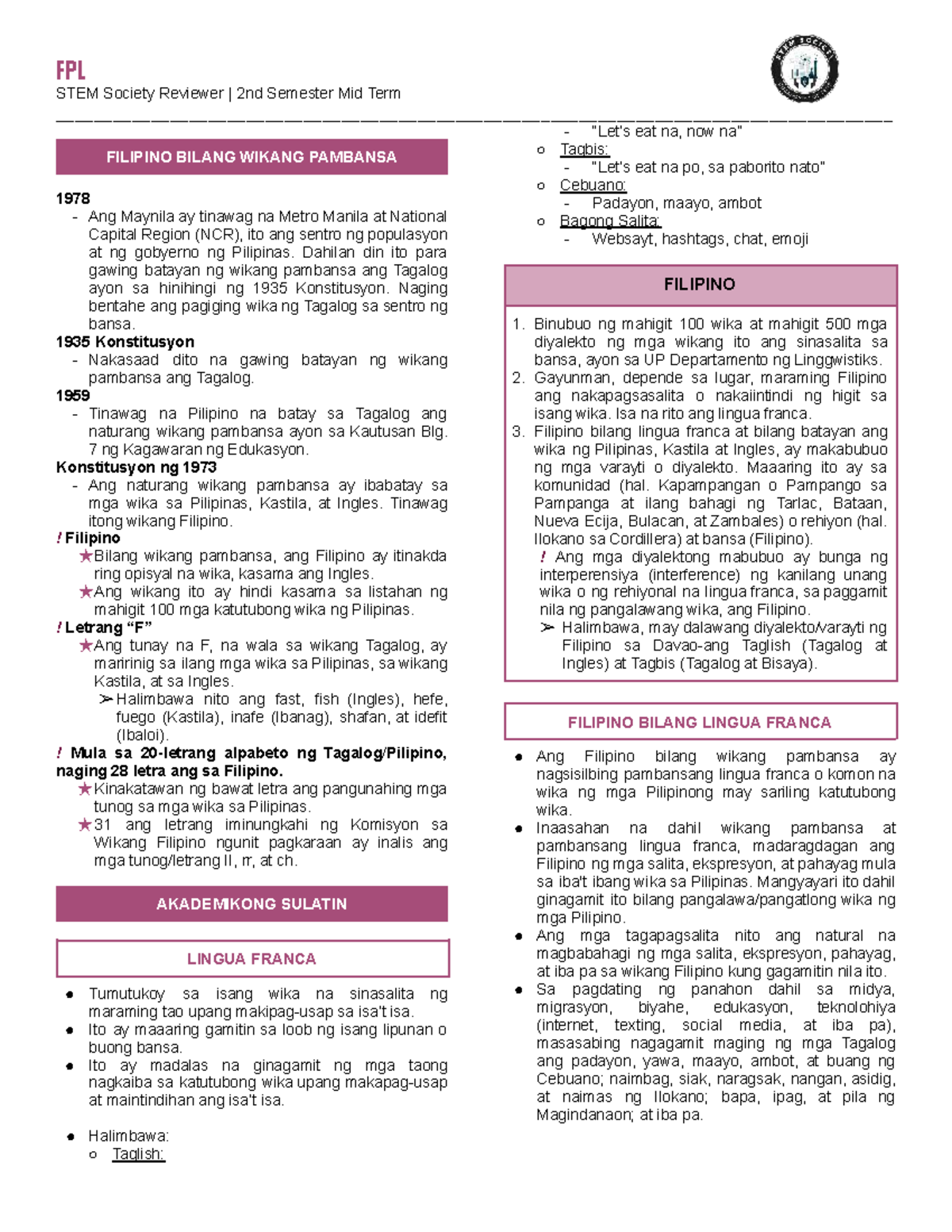 FPL - STEM SOC - Filipino sa Piling Larang STEM reviewer - STEM Society ...