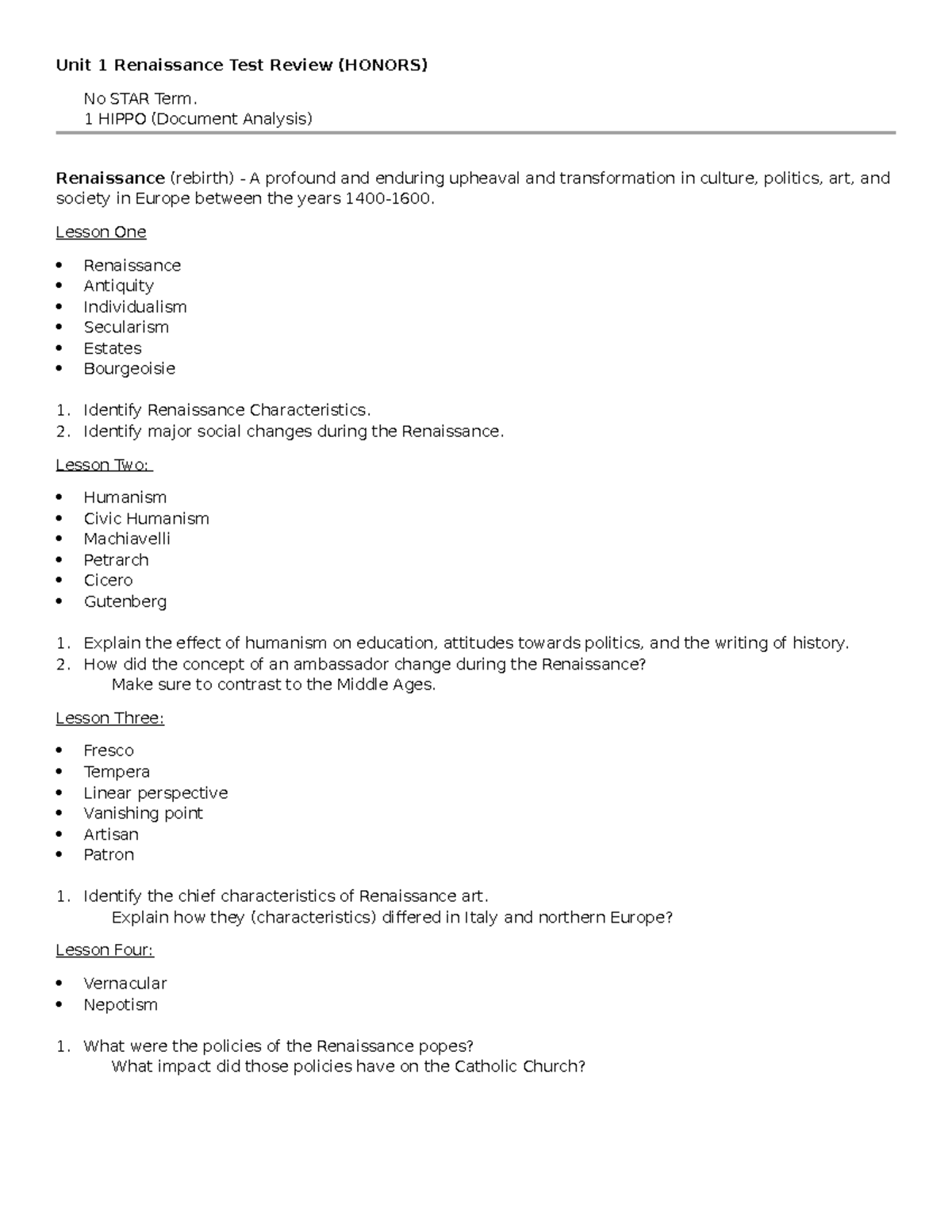 Renaissance (HONORS) Unit 1 Test Review & Key Concepts - Studocu