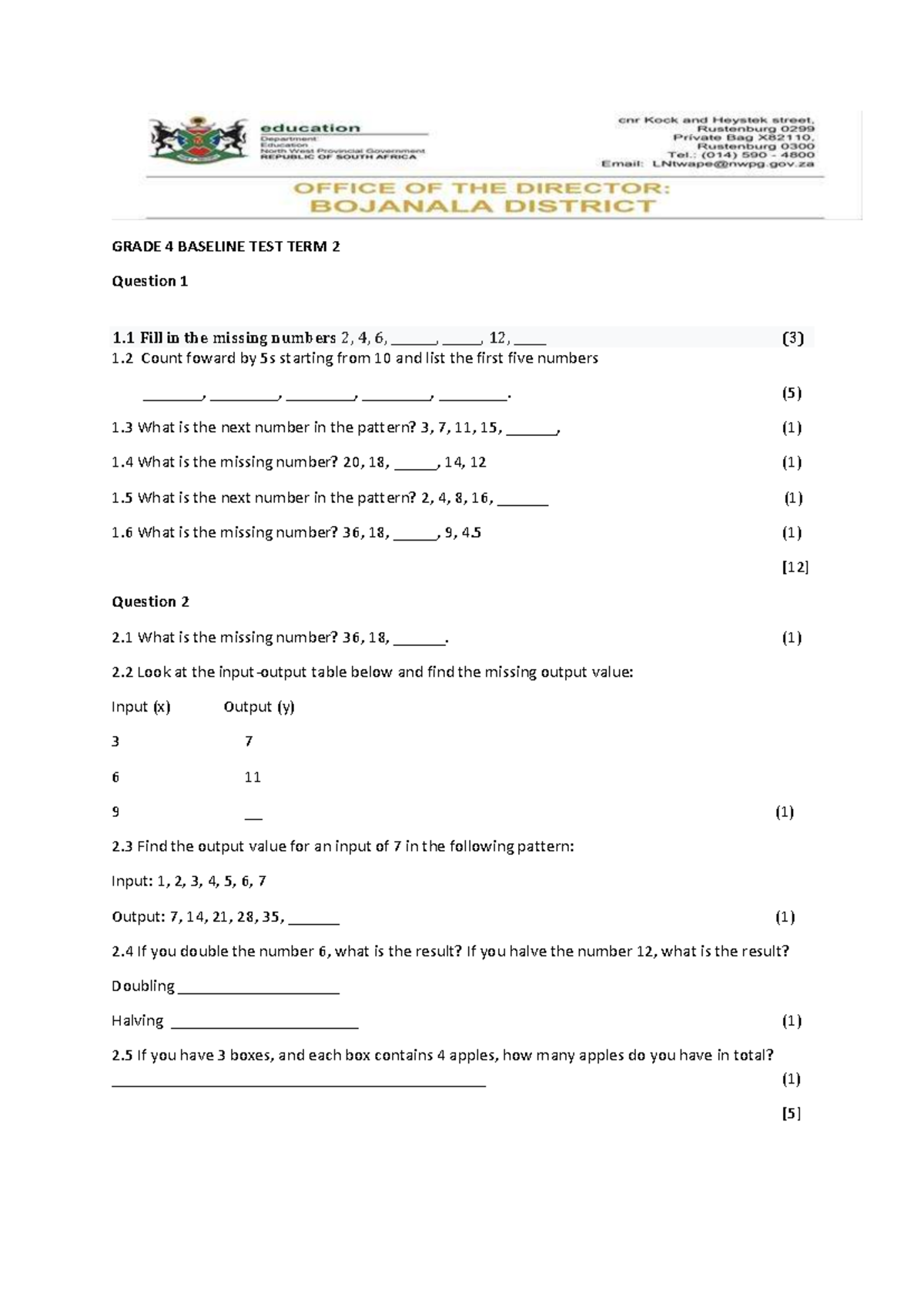 TERM 2 Grade 4 Math Baseline Assessment Questions & Answers 2025-1 ...