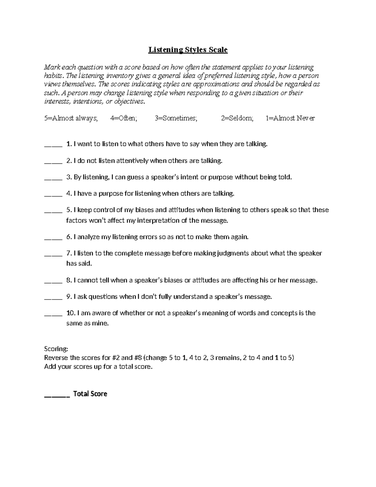 Listening Styles Scale Assessment and Scoring Guide - Studocu