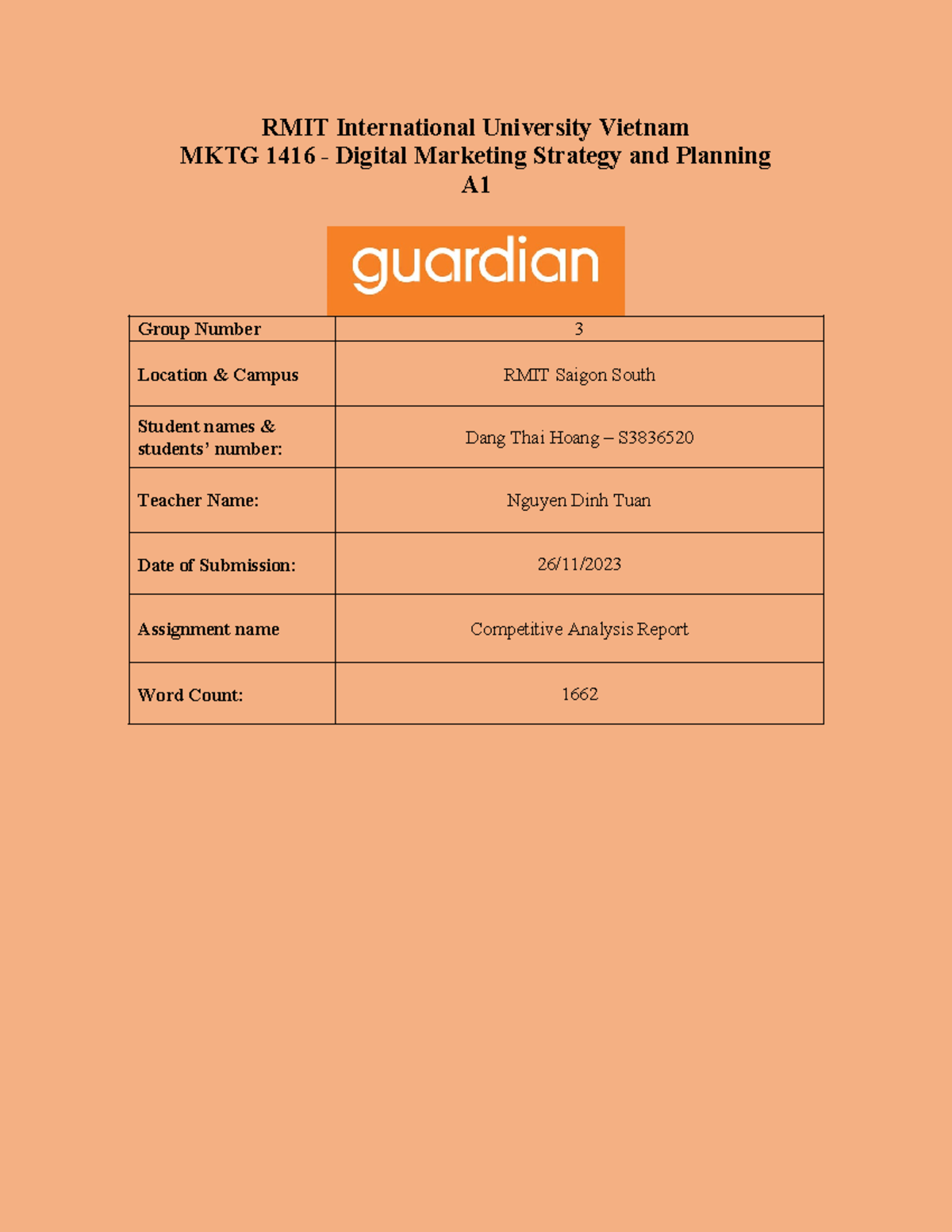 MKTG 1416 - Assignment 1: Competitive Analysis Report on Guardian - Studocu
