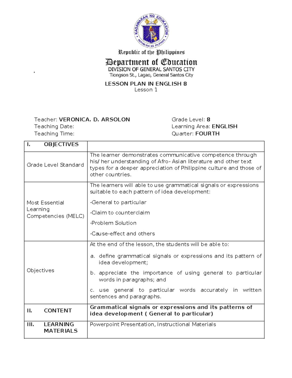 English 8 Q4 Lesson Plan: General to Particular Idea Development - Studocu