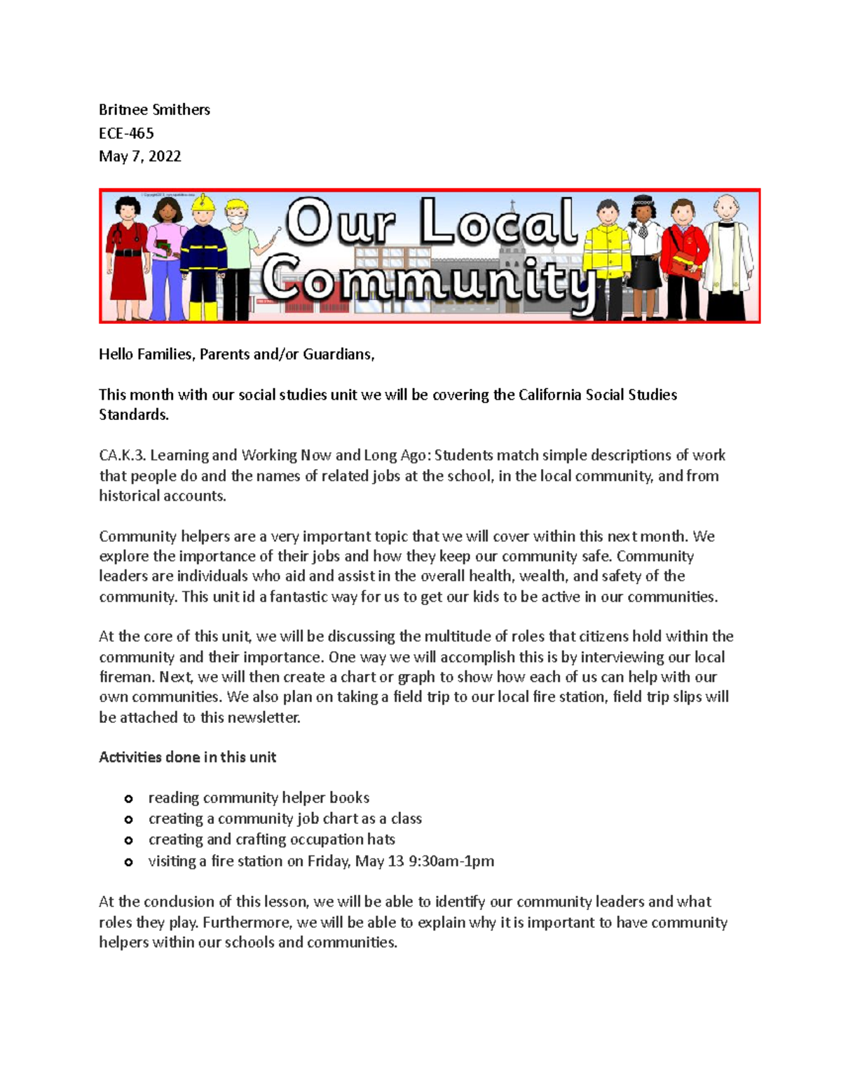 ECE Newsletter - Community Helpers Unit Update (May 2022) - Studocu