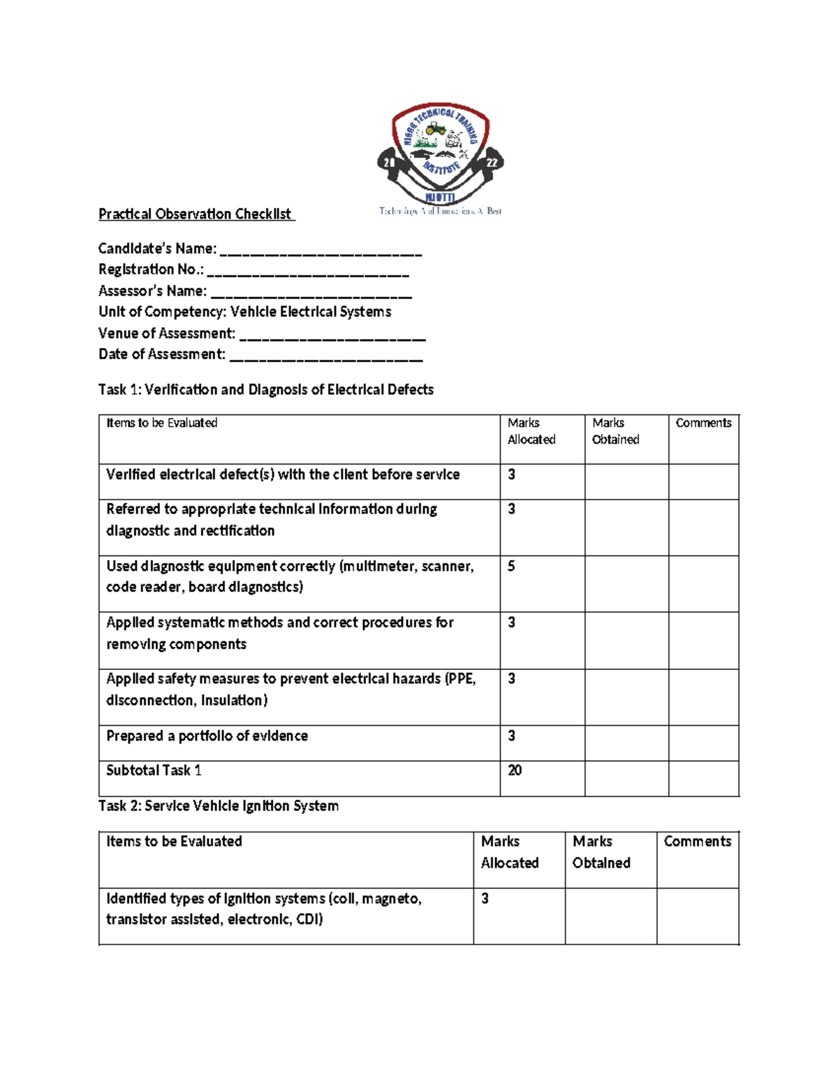 Practical Observation Checklist for SV Elect Systems Assessment - Studocu