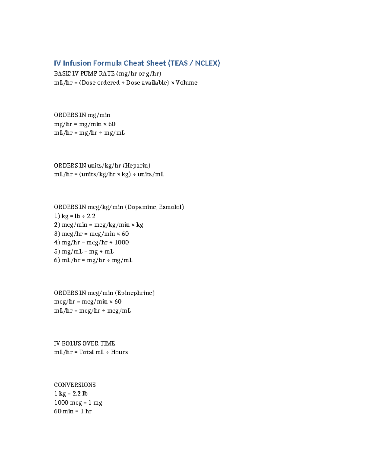 IV Infusion Formula Cheat Sheet (TEAS NCLEX) for Dosage Calculations ...