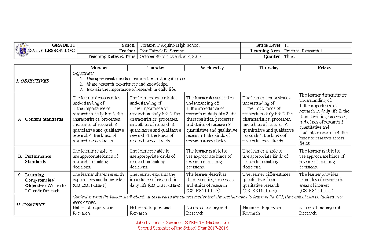 GRADE 11 DAILY LESSON LOG: Practical Research 1 (STEM 3A) - Studocu