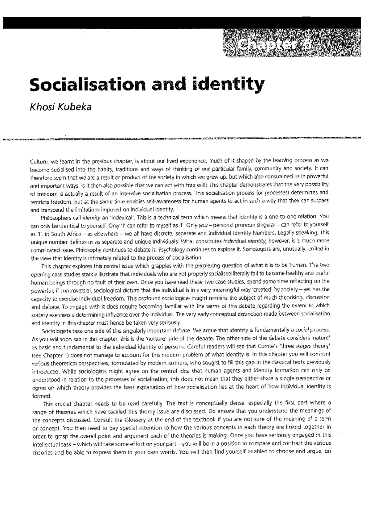 Week 2-3 - Prescribed Reading: Socialisation and Identity Analysis ...