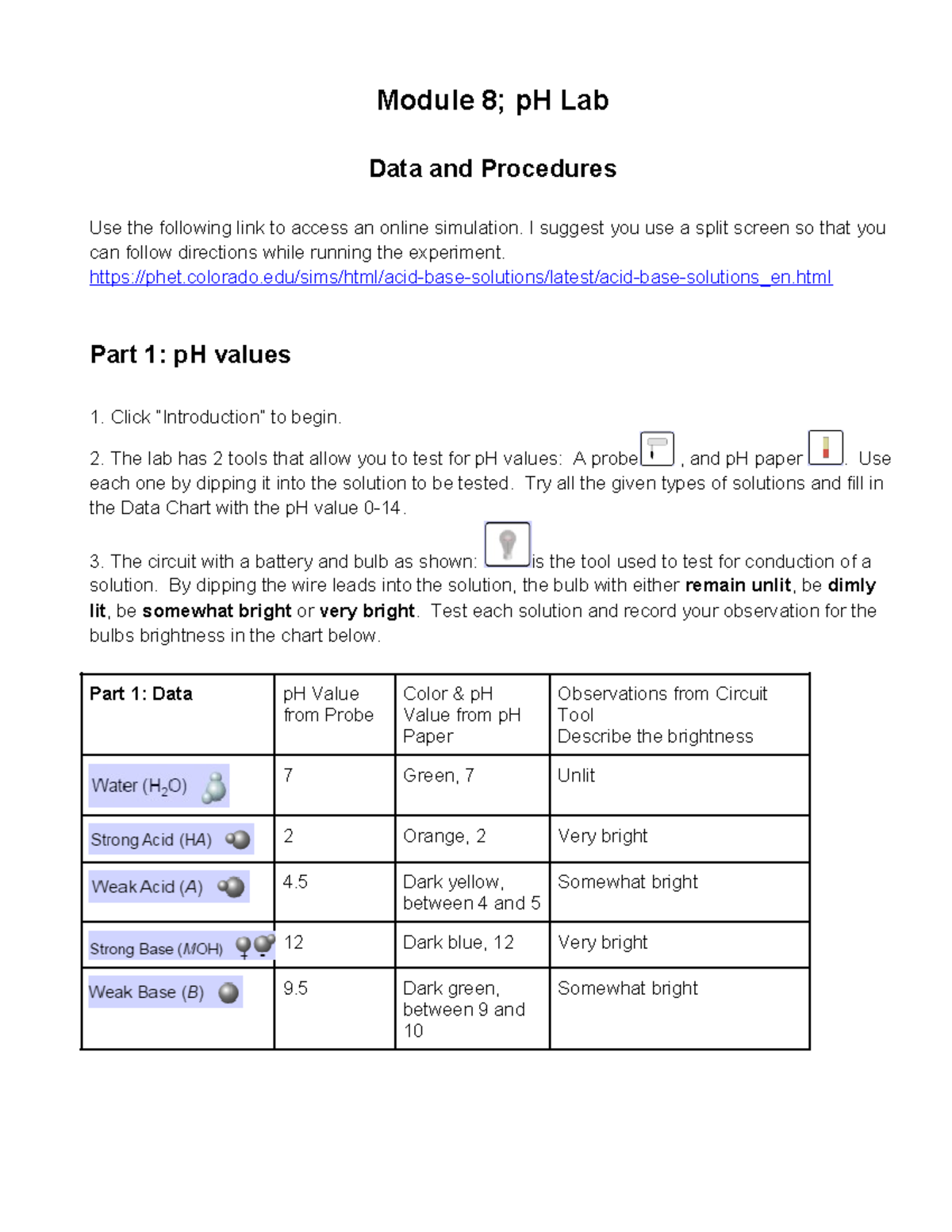 Module 8 p H Lab - lab - Module 8; pH Lab Data and Procedures Use the following link to access ...