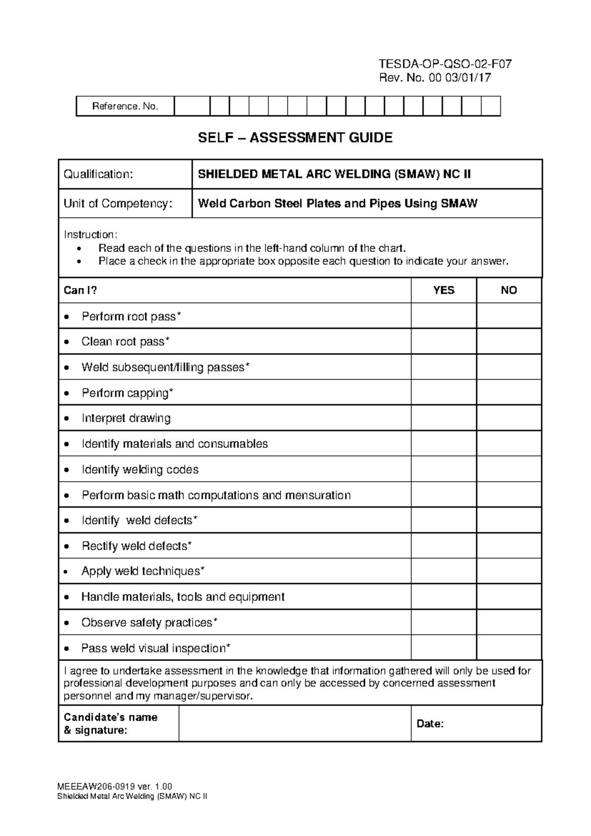 SAG - SMAW NC II - Self Assessment Guide & Competency Checklist - Studocu