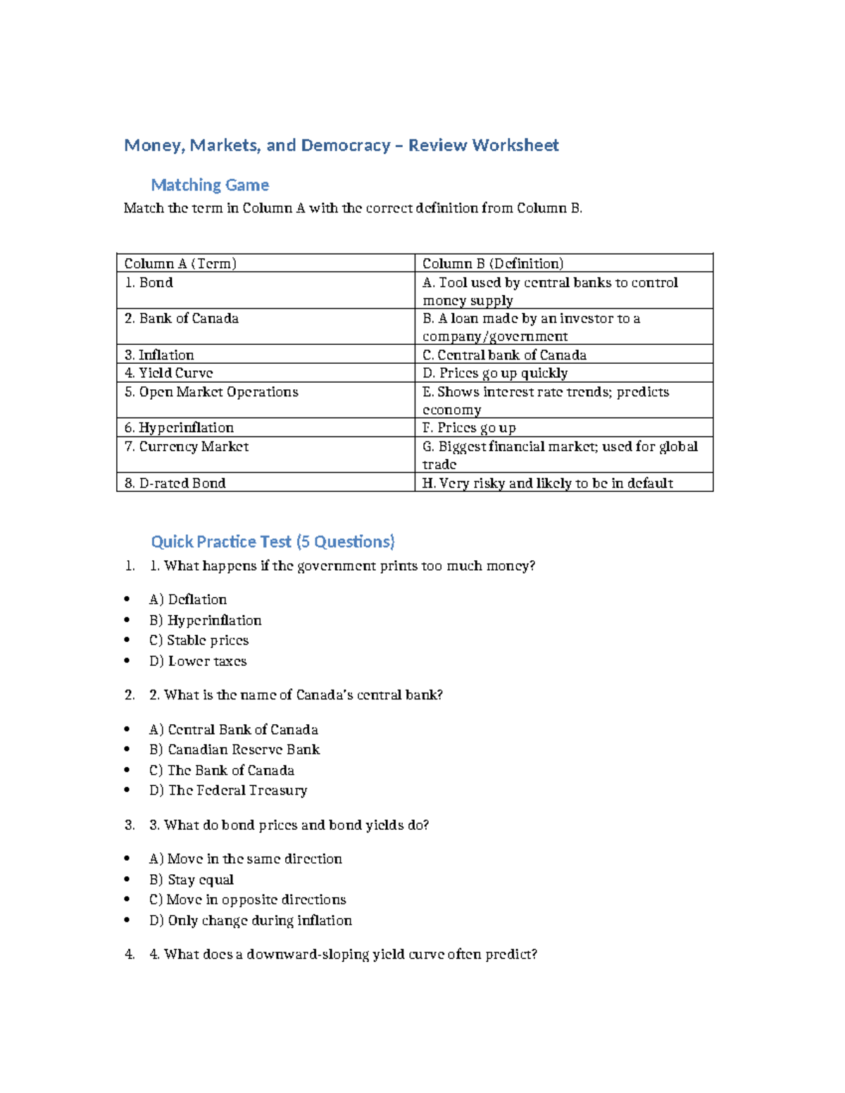 Money Markets & Democracy Review Worksheet: Matching Game - Studocu