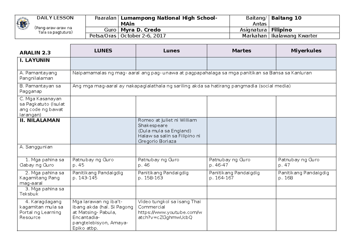 DLL-2 - Lesson Daily Log - DAILY LESSON LOG (Pang-araw-araw na Tala sa ...