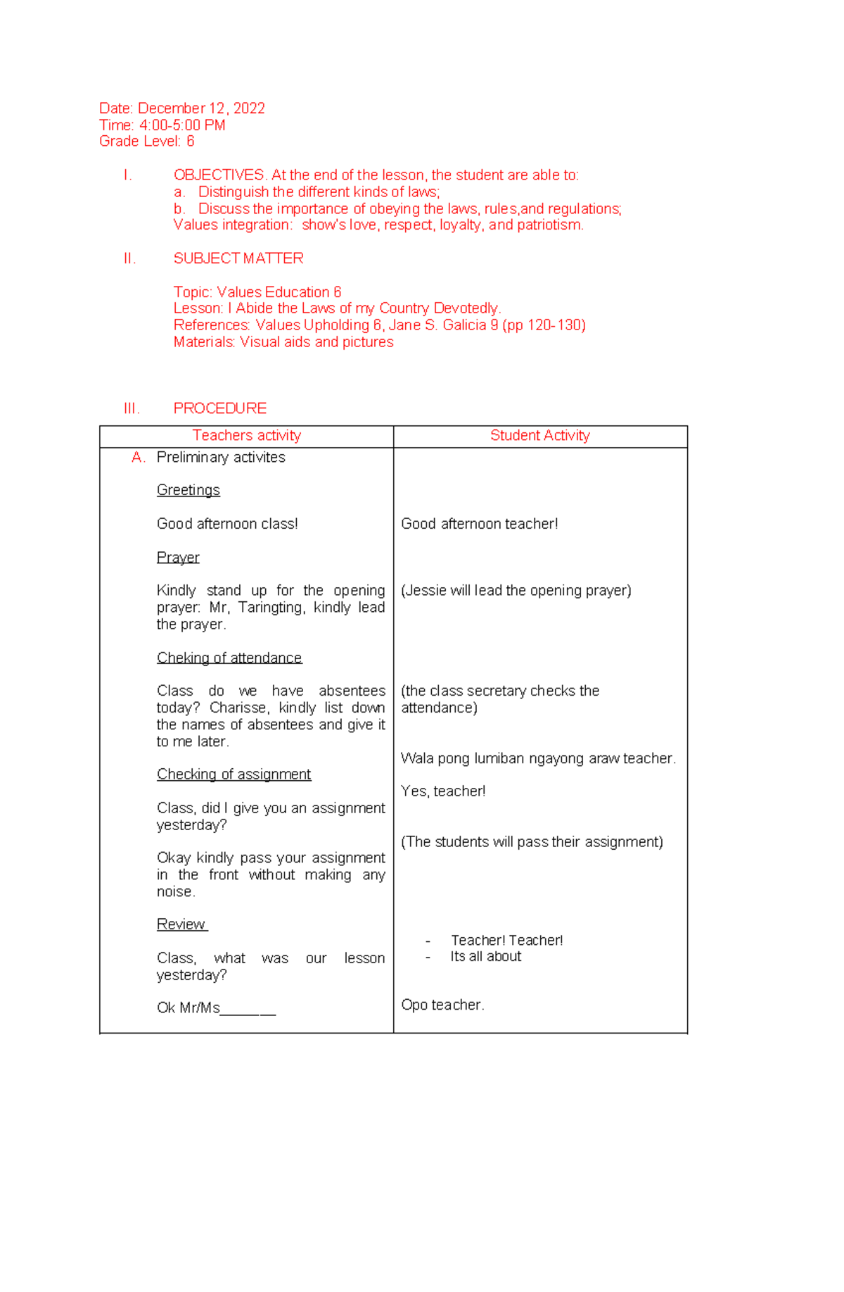 English lesson plan - Date: December 12, 2022 Time: 4:00-5:00 PM Grade ...