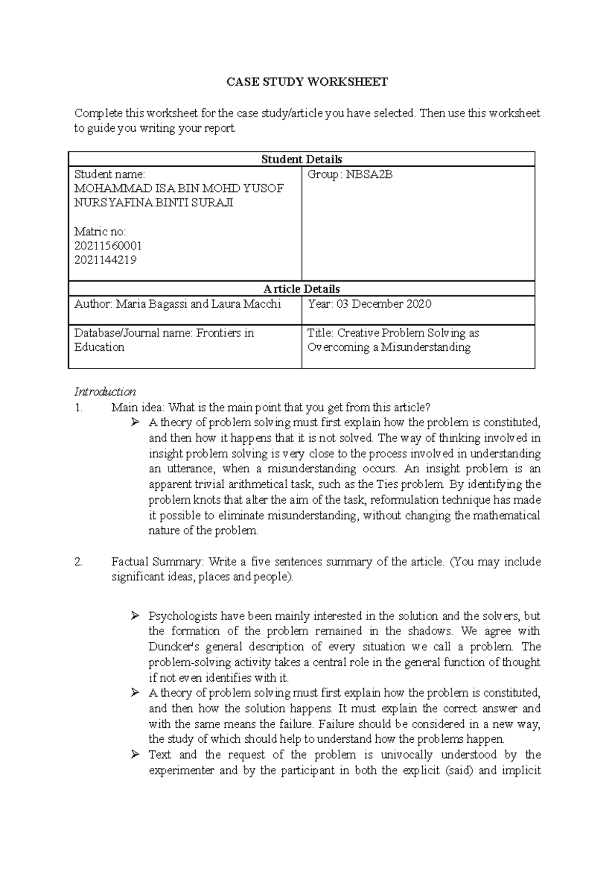 Case Study Worksheet: Creative Problem Solving Insight Analysis - Studocu