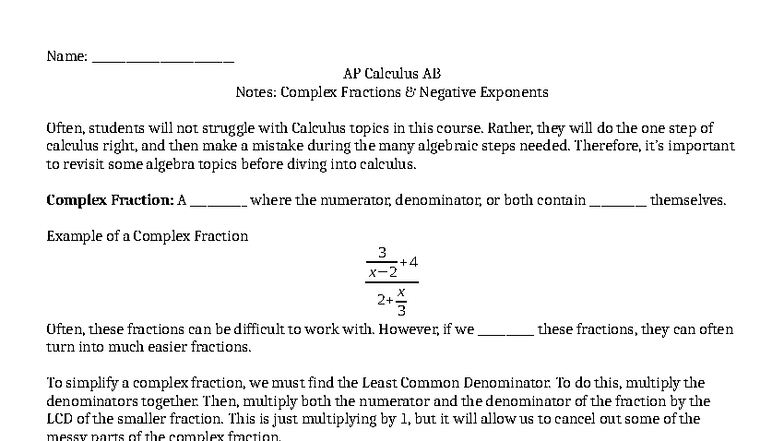 AP Calculus AB Notes: Complex Fractions & Negative Exponents - Studocu