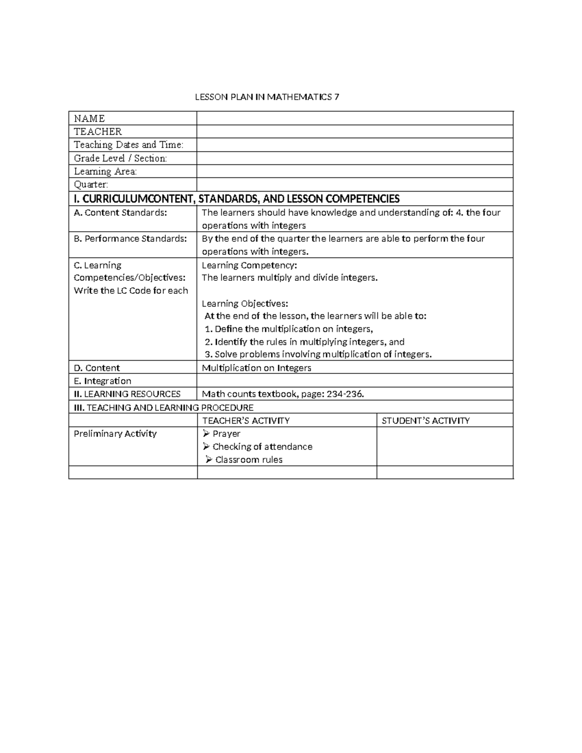 LESSON PLAN G7: MULTIPLYING INTEGERS - Studocu