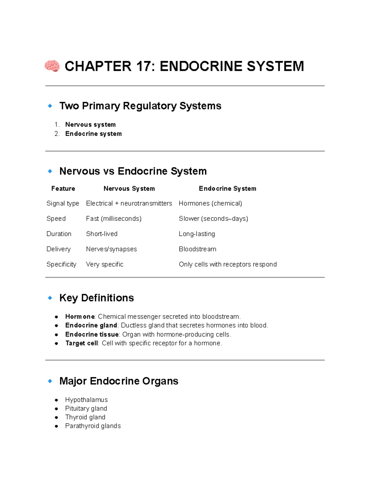 LECTURE: CHAPTER 17 & 18 - ENDOCRINE SYSTEM & BLOOD (Exam 1) - Studocu