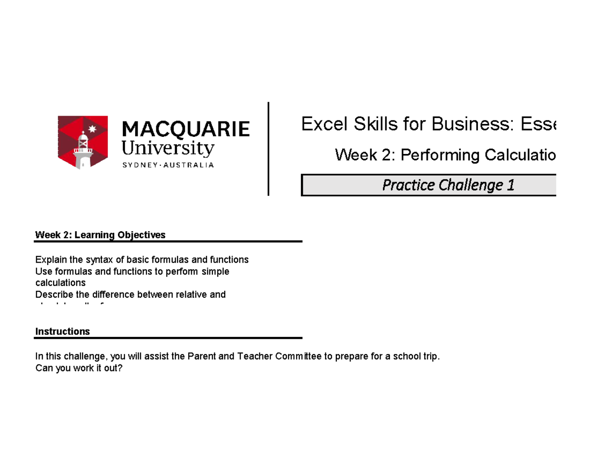 Excel Skills for Business: Essentials W02 Challenge 01 - Calculations - Studocu