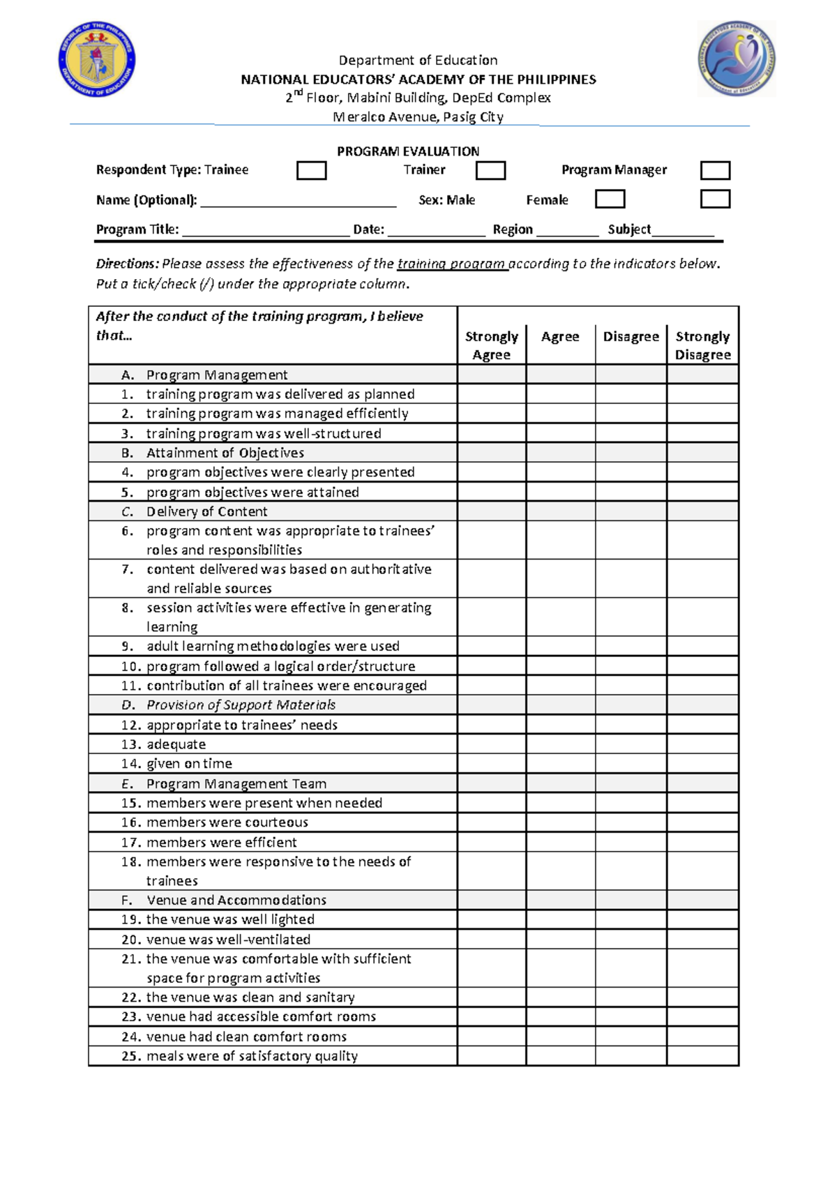 NEAP Program Evaluation Form for Trainees and Trainers - Studocu