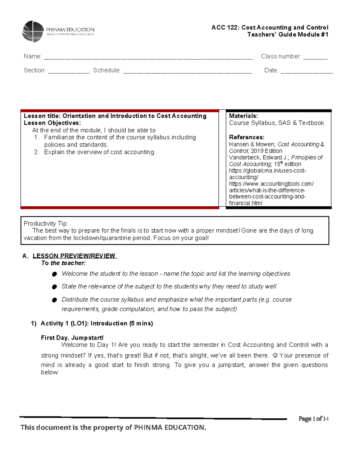 ACC-122 TG DAY-1 - It is about the introduction of cost accounting ...