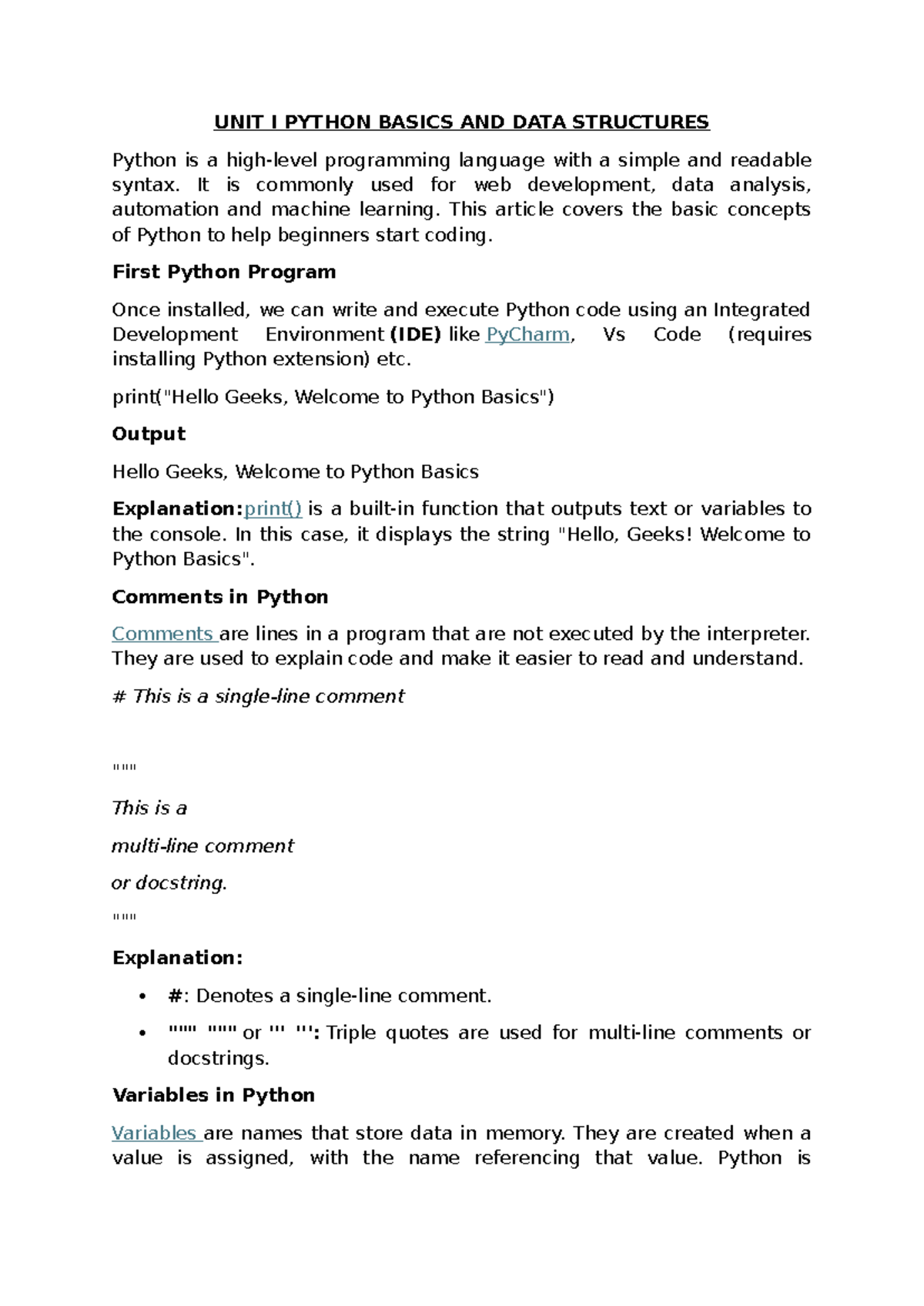 Python 101: Unit I Basics & Data Structures Overview - Studocu