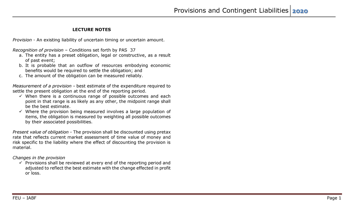 03 Provisions and Contingent Liabilities Materials - LECTURE NOTES ...