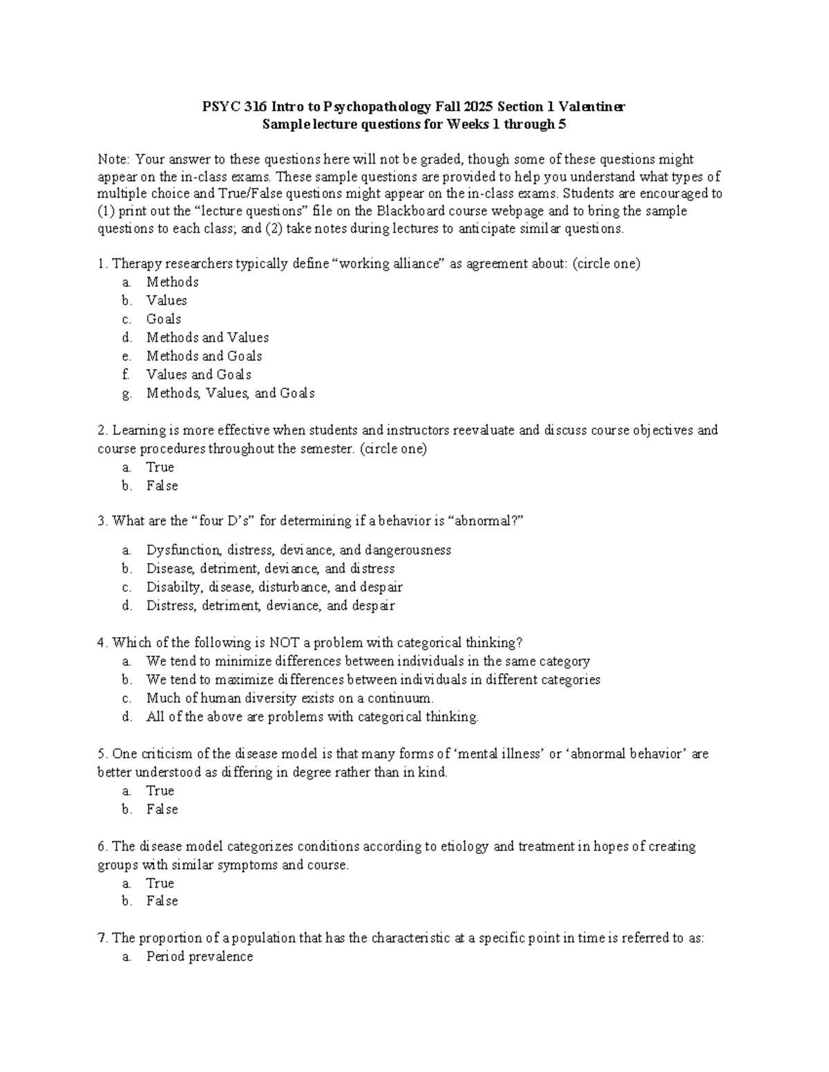PSYC 316 Intro to Psychopathology Sample Lecture Questions (Weeks 1-5 ...
